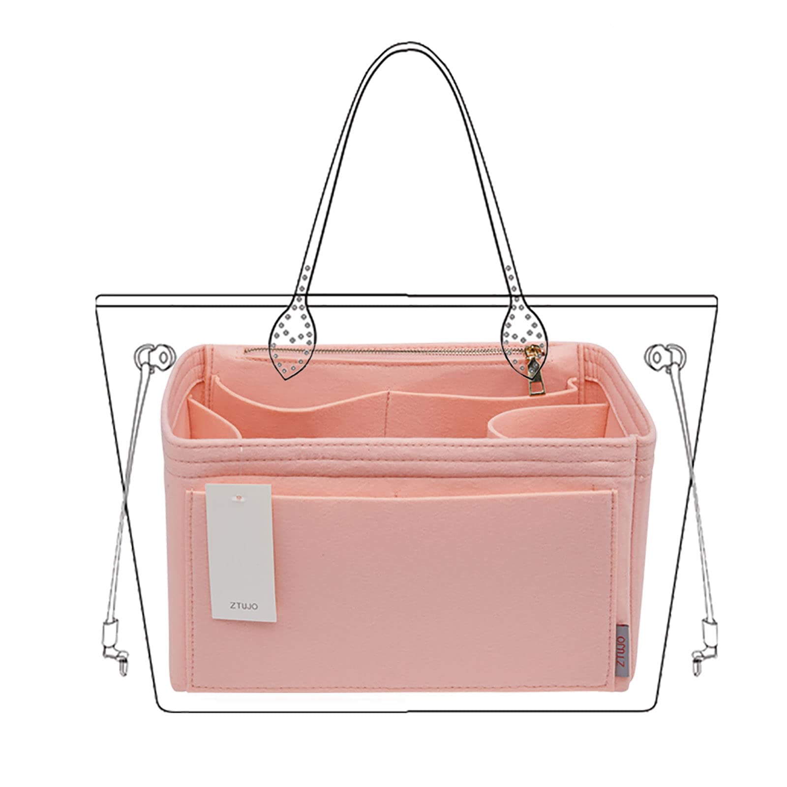 ZTUJO Purse Organizer Insert With Bottle Holder, Felt Bag Organizer Perfect for Speedy, Neverfull, Tote and More (Slender Medium, Brush Pink)