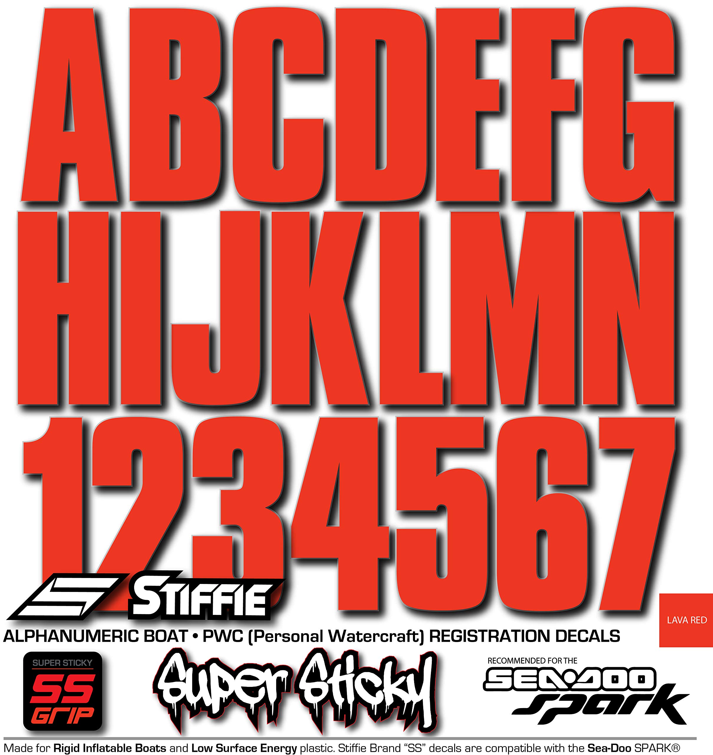 STIFFIE Uniline Lava SUPER STICKY 3" Alpha Numeric Registration Identification Numbers Stickers Decals for Sea-Doo SPARK TRIXX, Inflatable Boats, RIBs, Hypalon/PVC, PWC and Boats.