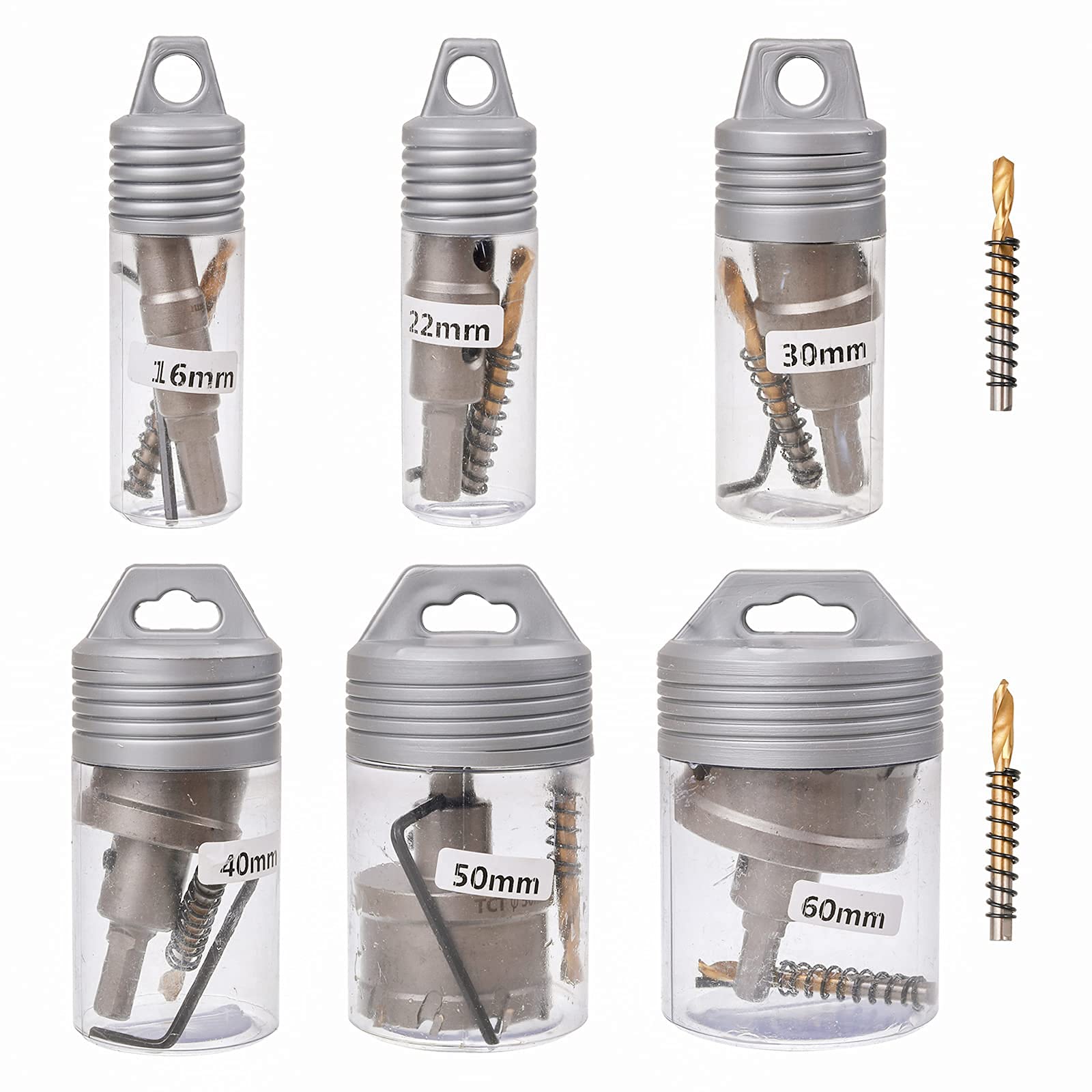 Rocaris 6 Pack Drill Bit Hole Saw Set 16-60mm, Tungsten Carbide Tipped Cutters with 2 Pack Titanium-Plated Center Drill Bits for Hard Metal, Stainless Steel, Iron, Wood, Plastic