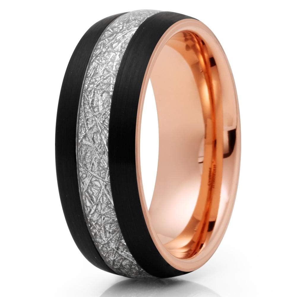 Rose Gold Tungsten Wedding Band - Meteorite Wedding Band - Black (10.5)