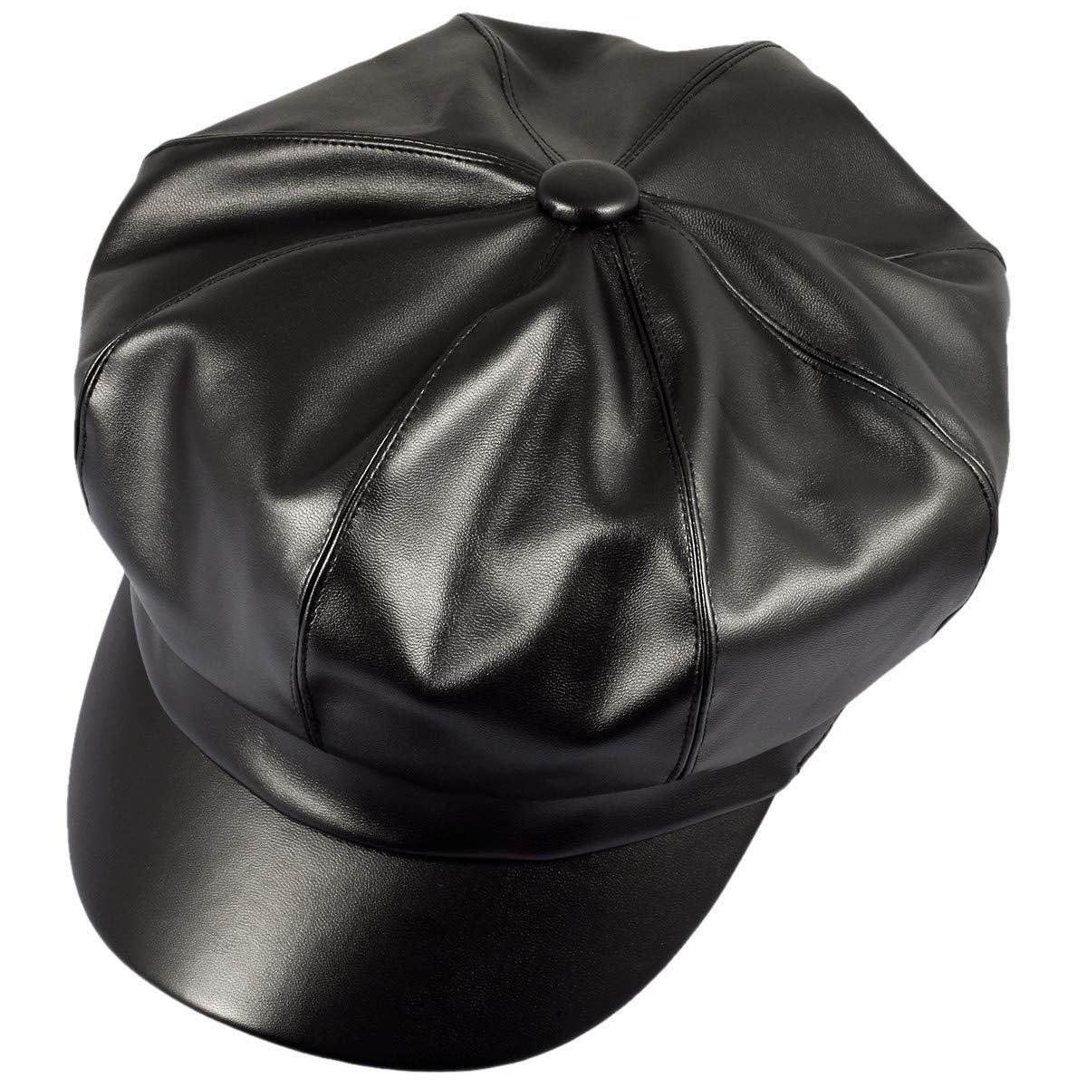 Samtree Women Newsboy Hats, Visor Beret Cabbie Hat 8 Panel Ivy Cap PU Leather (Black)