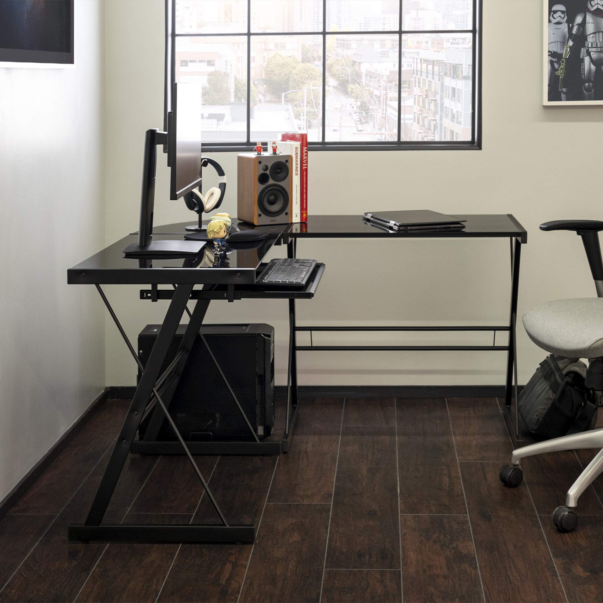 Walker Edison Soreno and Gaming Gamer Command Center Workstation Desk Home Office, Set of 2, Black