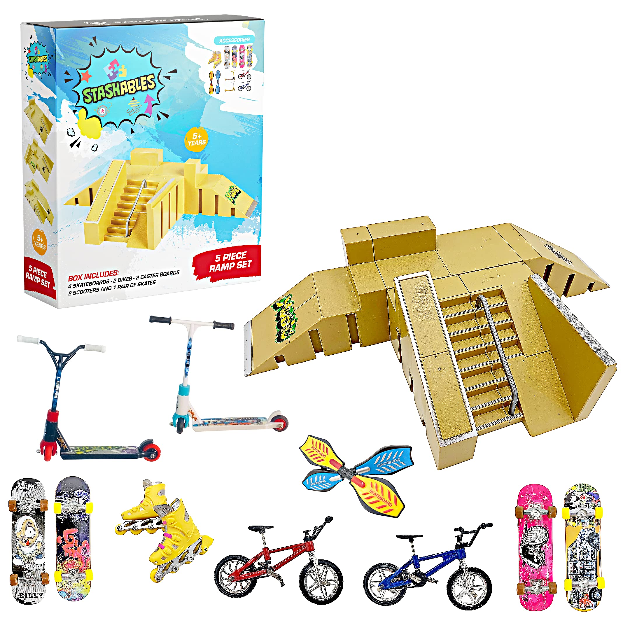 STASHABLES Finger Skateboard Ramp Set β Finger Skatepark Kit 16 Pieces β Skate Park Kit Including Skateboards, Ramps, Scooters, Skates, Bikes and Caster Boards β Fingerboard Skate Set