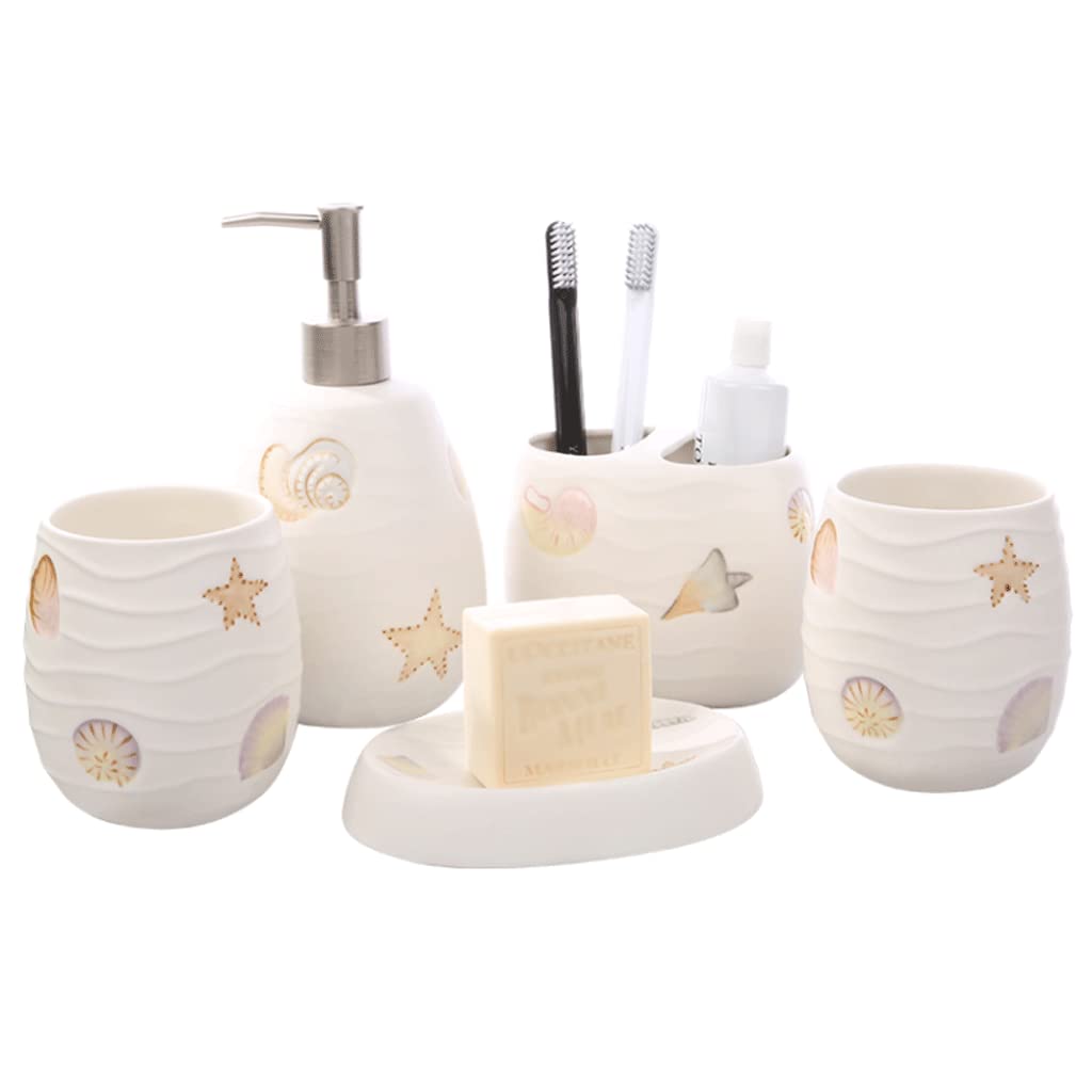 UTOYA Durable Ocean Series Bathroom Accessories,Hand-Glazing Soap Dispenser Set W/Mirror Tray. Ceramic Bath Gift Set,Home Countertop Decor Set Replacement