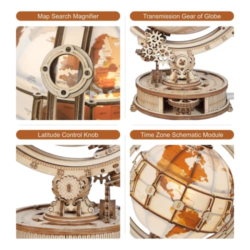 ROKR 3D Wooden Puzzles for Adults, LED Illuminated Globe with Stand, 3D Wooden Globe Model Kits with LED Light, Unique Gift for Birthday/Anniversay