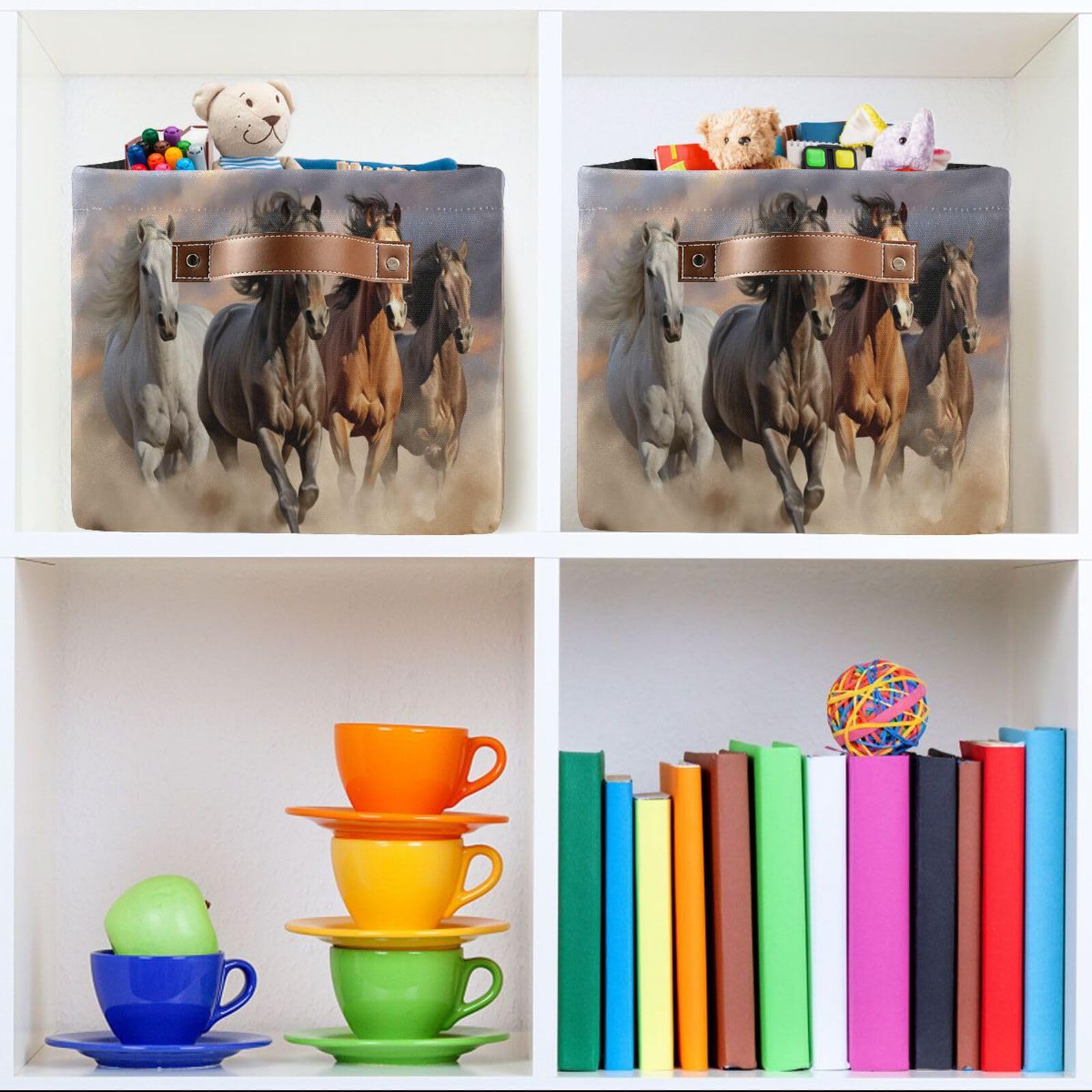 STAYTOP Large Storage Basket Collapsible Toy Storage Bins Waterproof Laundry Basket with Handle.Used for Home Closets, Offices, Bedrooms, Kids Toy and Gift Baskets-Running Horses(Rectangular)1PCS