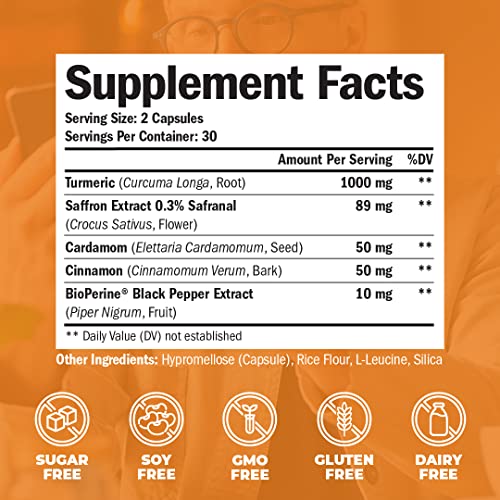 Turmeric Saffron Supplements with Cinnamon powder & Cardamom - Antioxidant Joint Support Supplement Contains Turmeric Curcumin with Black Pepper for Mood, Memory, Eye Health & Well-Being - 60 Capsules