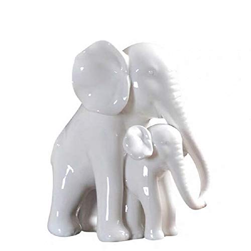 Sun Shade White Ceramic Elephant Mother and Baby Elephant Hand in Hand high-Gloss and Fully Glazed Handicraft/White Porcelain Home Decoration Statue