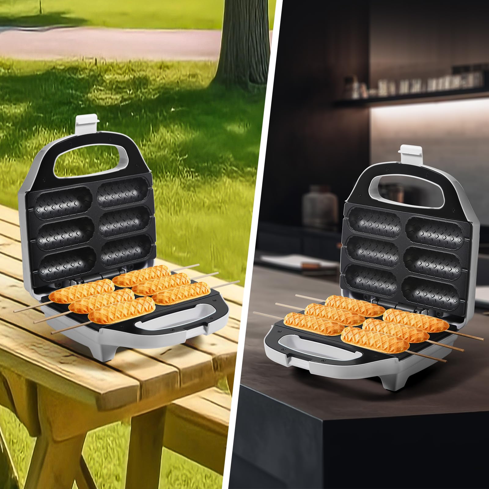 UVFAST Corn Dog Waffle Maker, Hot Dog Waffle Machine with Non-stick Coating Plate, Hot Dog Maker Toaster Make 6 Corn Dogs, Corn Dog Waffle Machine Make Corn Dog in Minutes, Easy to Clean, White