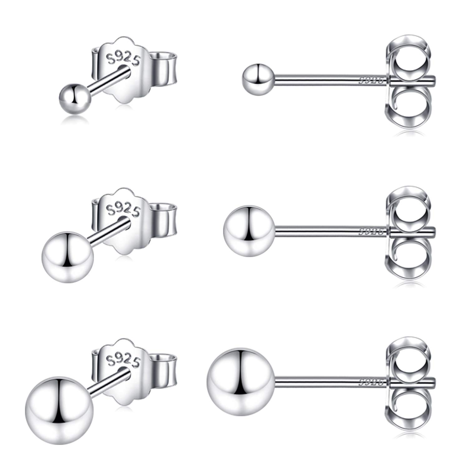 Sterling Silver Ball Stud Earrings Set of 3 Pairs 2mm 3mm 4mm Tiny Balls Earring Hypoallergenic Jewelry (Silver)