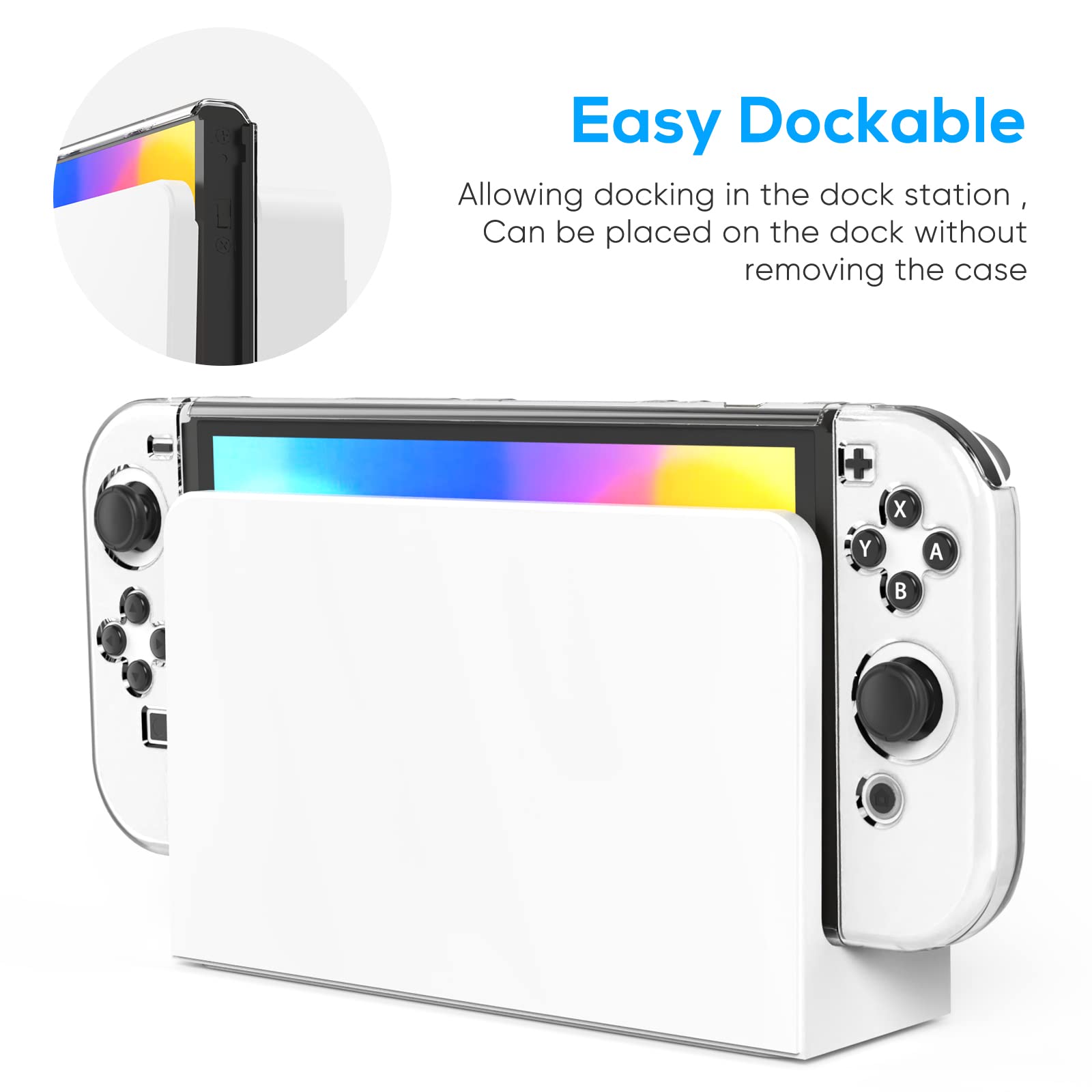 Upgraded Dockable Case with Screen Protector Compatible with Switch OLED Model, YUANHOT Accessories Skin Protective Case & Tempered Glass Screen Protector and 8 Thumb Grips