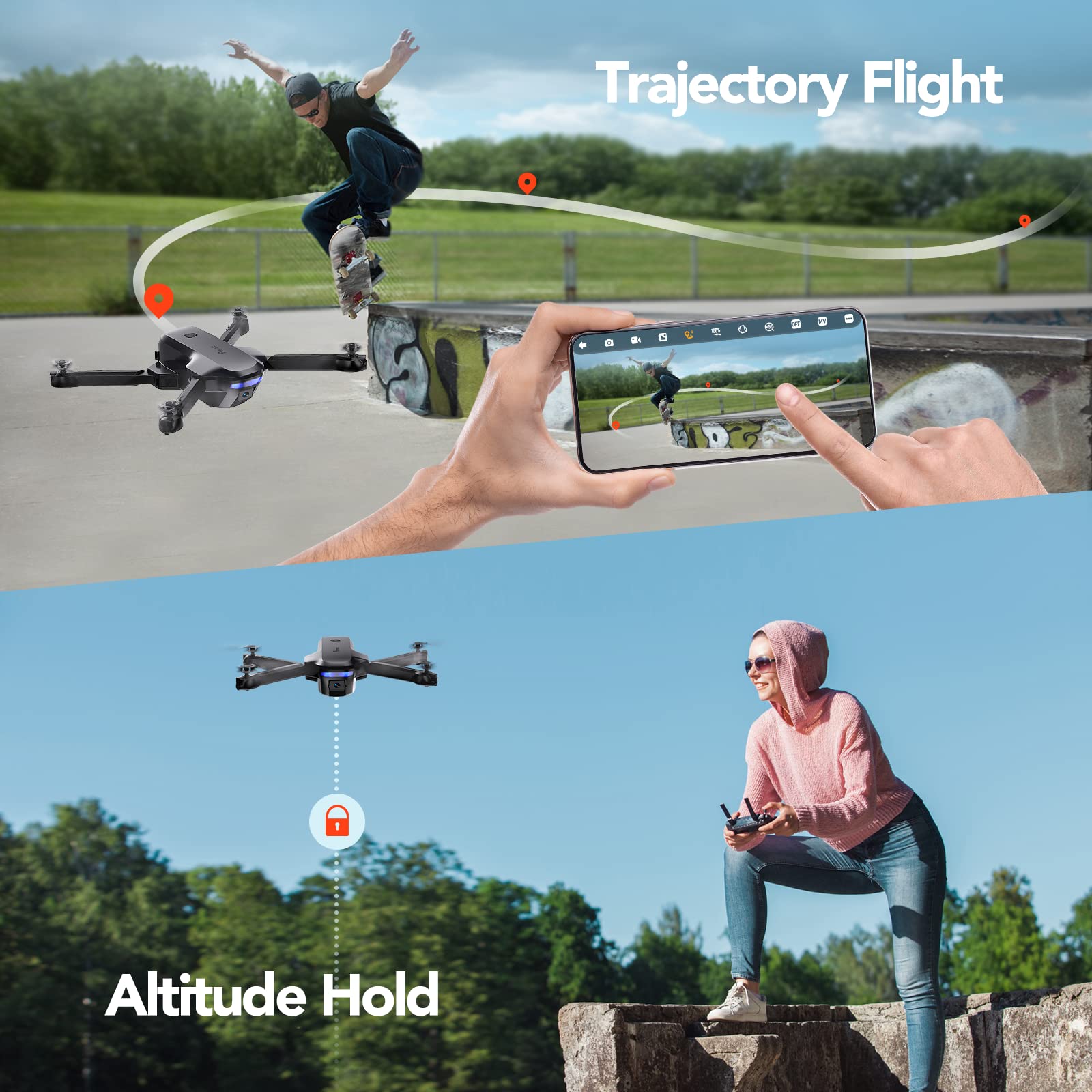 Potensic P4 Foldable Drone with Camera for Adults Beginners, FPV 1080P HD WiFi Remote Control Quadcopter with 40 Mins 2 Batteries, Altitude Hold, Gravity Control, Trajectory Flight, Headless Mode