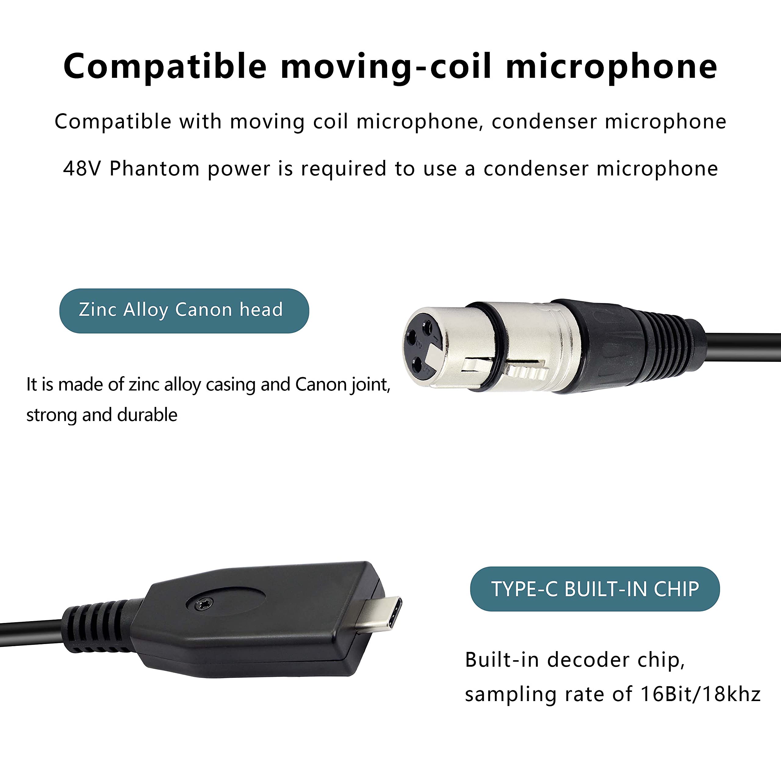 XMSJSIY Type‑C to XLR Microphone Adapter Cable, USB C to XLR Audio Connector Compatible with USB 2.0 for Smartphones & Tablet, Laptop - 3Meters