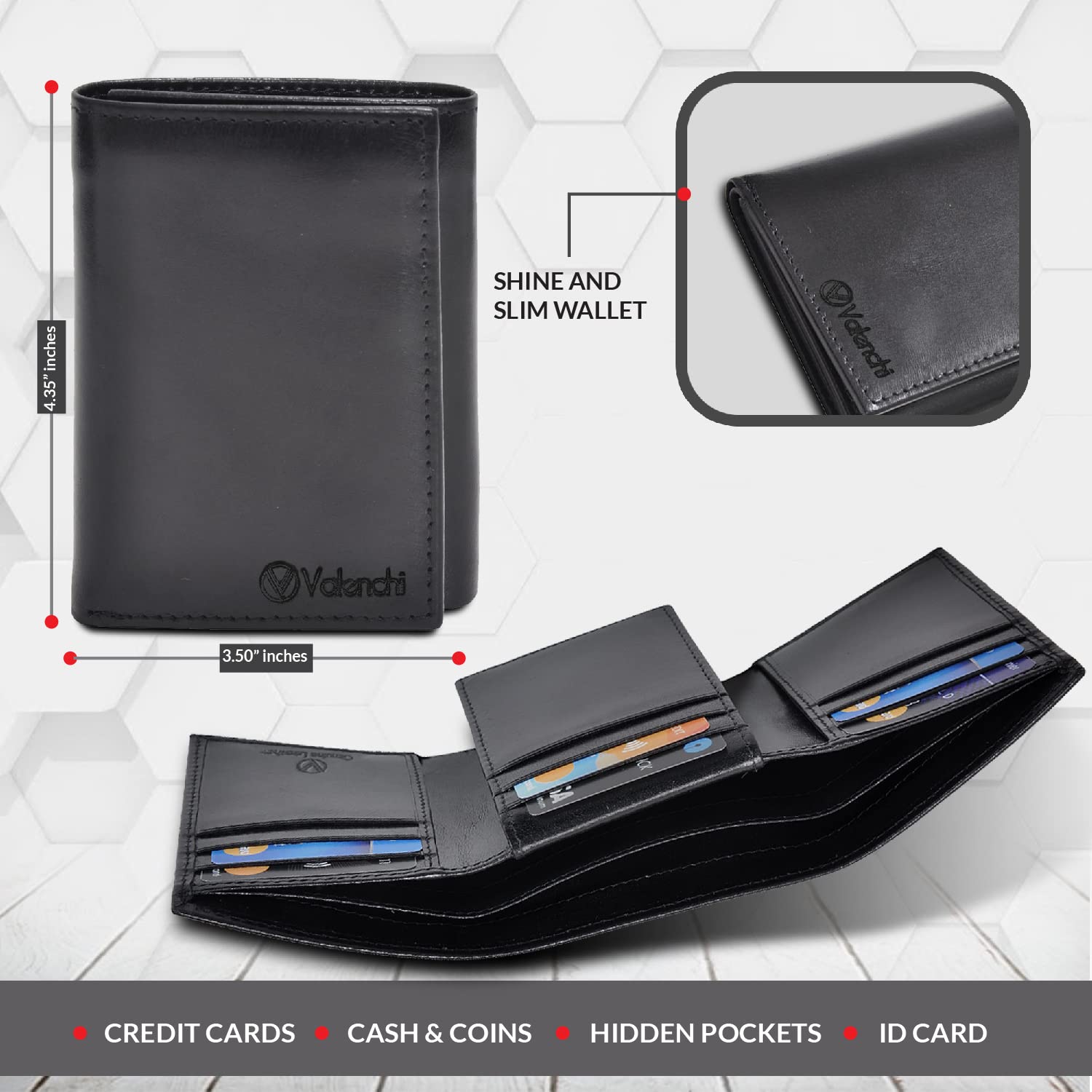 VALENCHI Leather Trifold Wallet For Men - RFID Blocking - 9 Card Slots, 2 Note Compartments & 1 ID Window - Minimalist Design, Slim Wallet - Premium, Fashionable Accessory Gifts for Men, Him