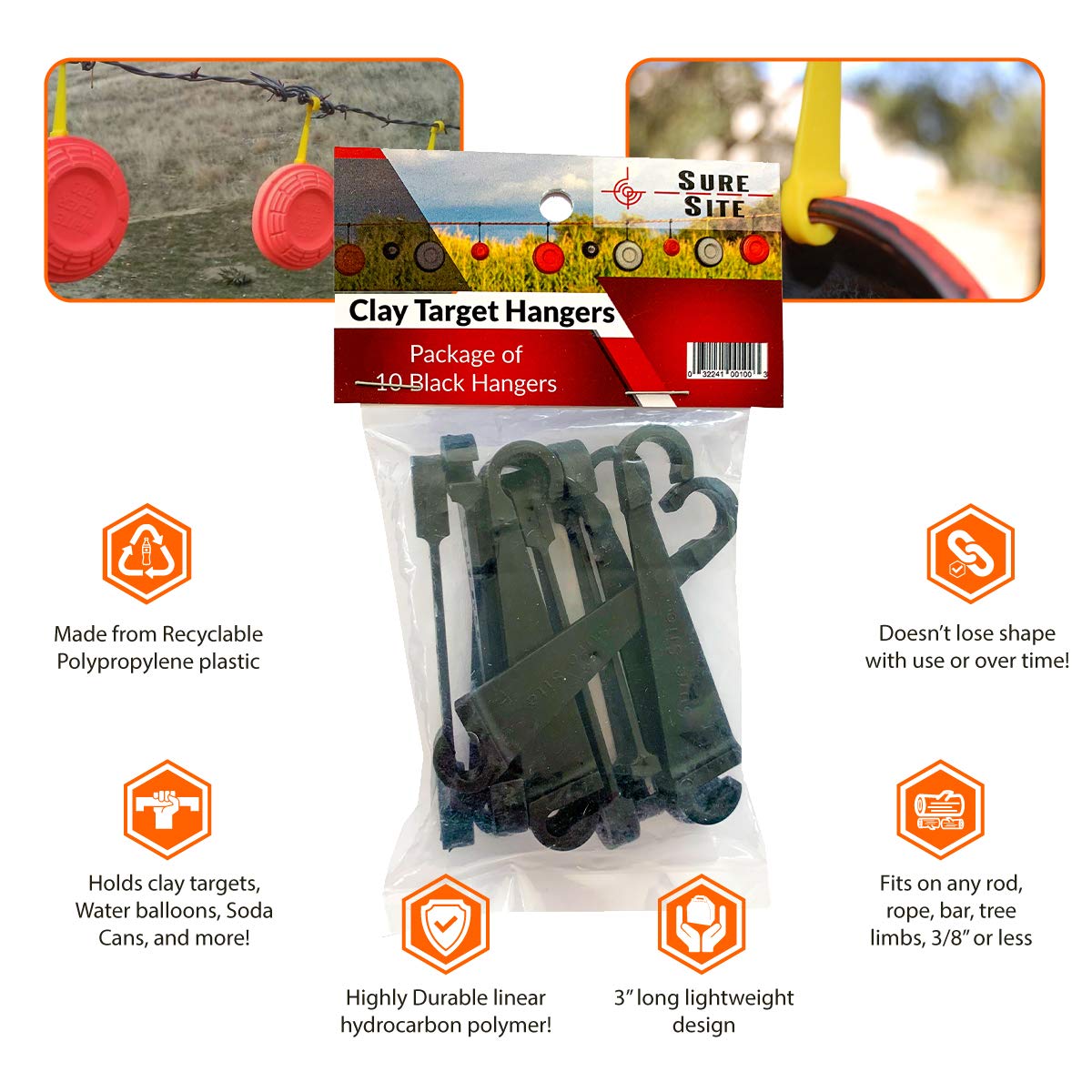 SURE SITE Clay Pigeon Target Hangers 10-Pack. Small, Lightweight, Reusable with Hooks on Each End. Attach to Fence, Line. Orange for Excellent Visibility. Holds Clay Targets, Water Balloons, Cans