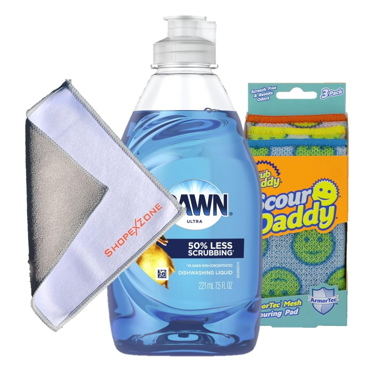 ShopexZone Dish Soap Bundle With 1 Dawn Ultra Dishwashing Liquid Dish Soap Original Scent 7.5 oz 1 Scrub Daddy Scour Pads Smiley Face 3 Pack and 1 2in1 Microfiber Cleaning Cloth Towel