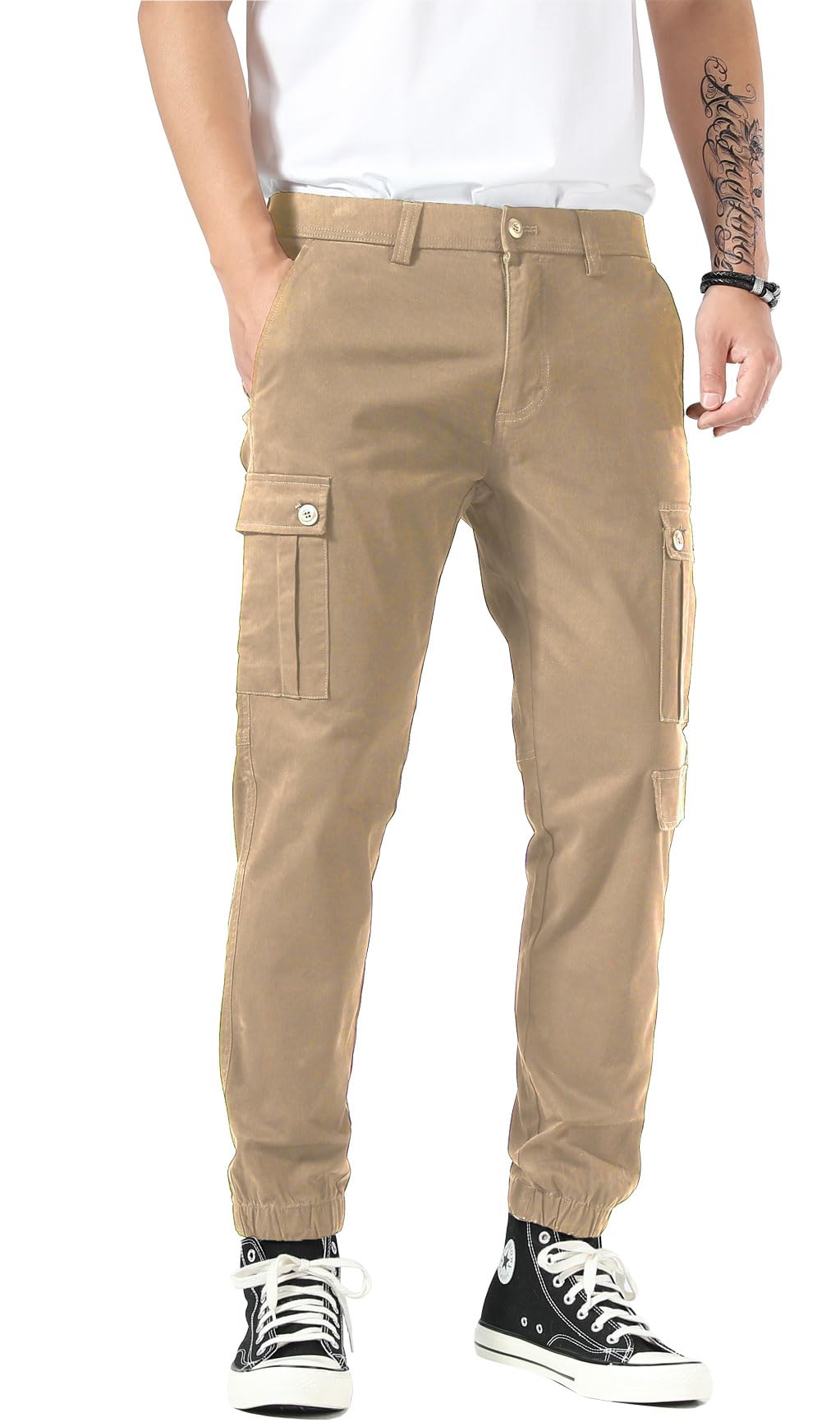 Plaid&Plain Men's Casual Cargo Joggers Sweatpants Chino Tapered Stretch Hiking Twill Pants with Pockets C803 DPK 34