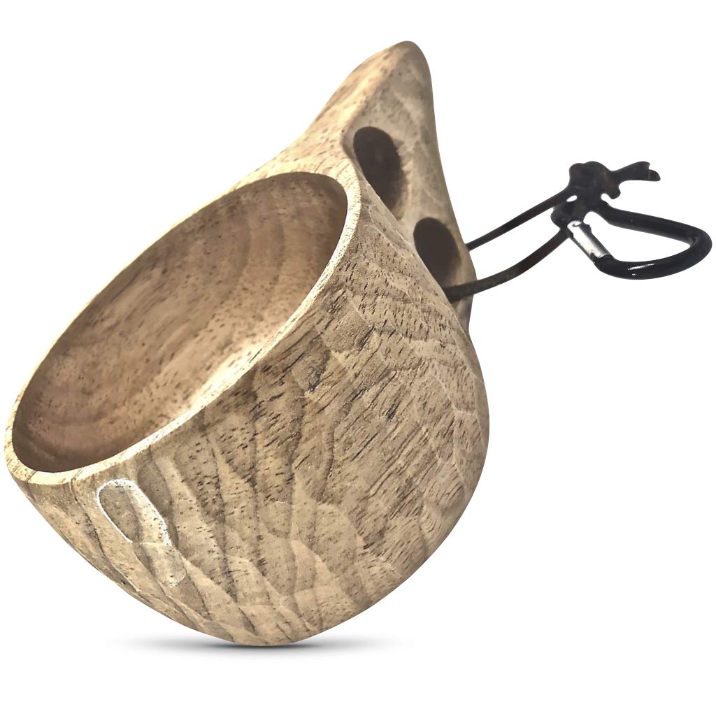 überleben Dursten Kuksa - Handcrafted Wood Camp Mug - 100% Natural Hardwood Cup with Carabiner & Leather Lanyard - Traditional Wooden Nordic Design - Lightweight, Durable - 350ml/12oz