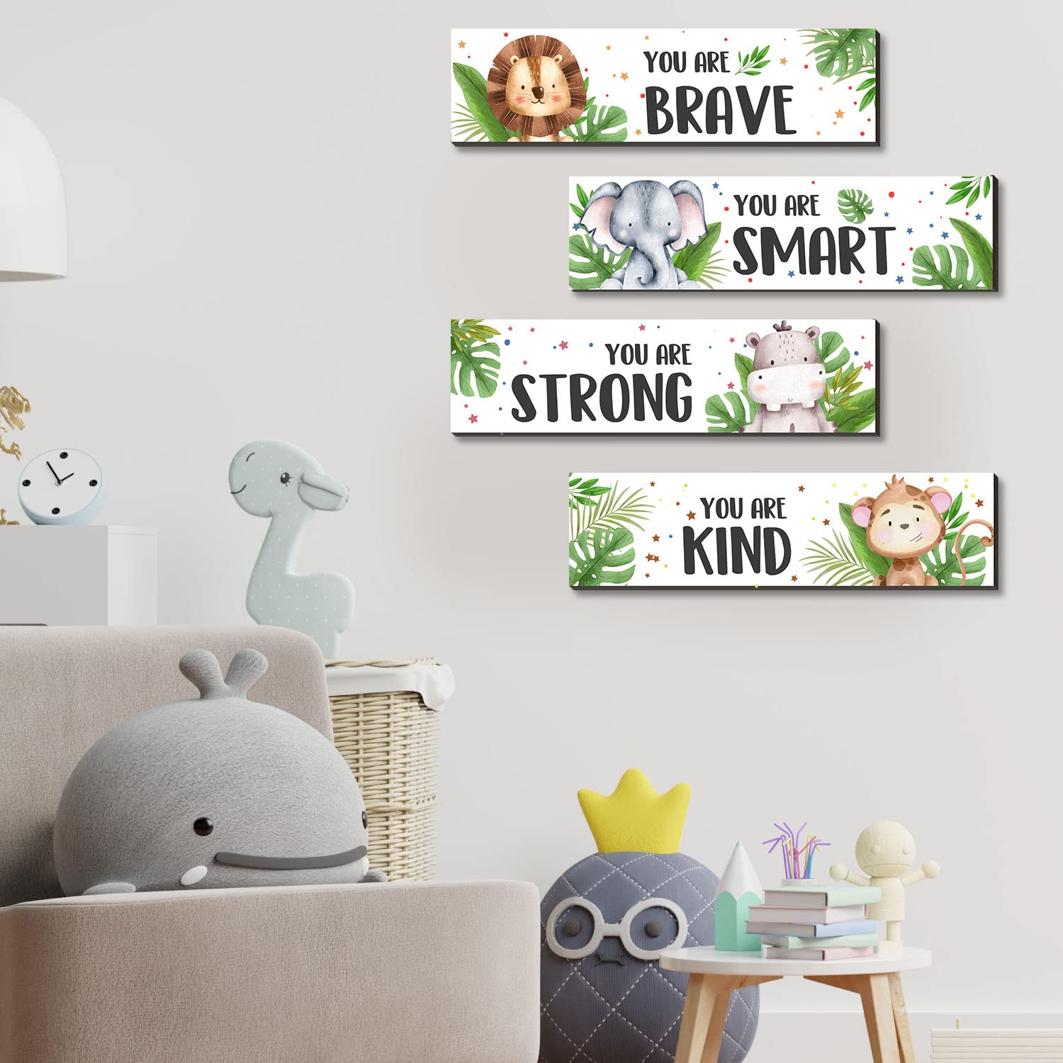 UBLURO 4 Pieces Jungle Animals Wall Art Decors - Motivational Wall Art,Jungle Animals Wooden Hanging Wall Prints Plaques,Jungle Animals Room Decor for Boys Room