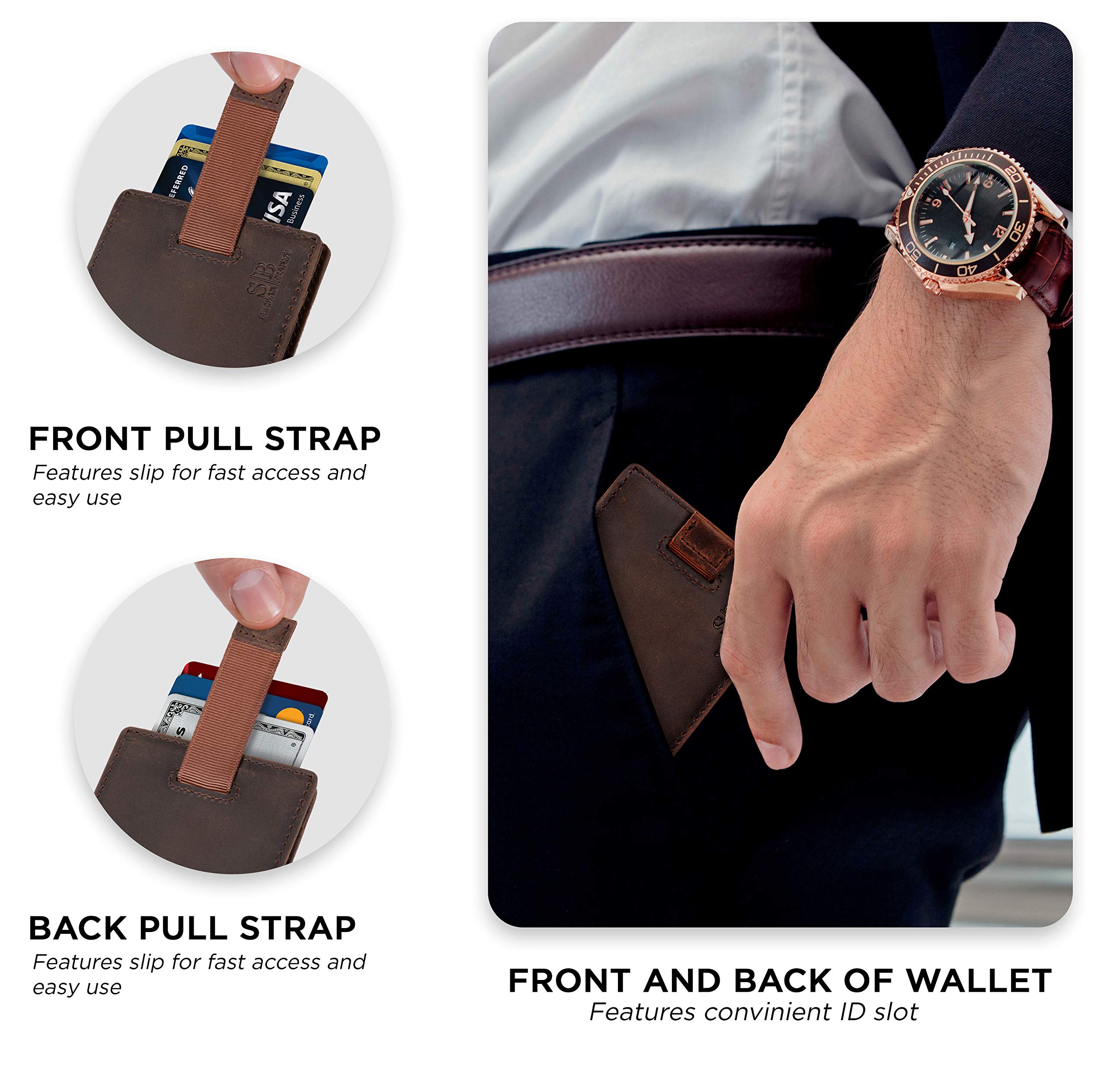 SERMAN BRANDS RFID Blocking Bifold Slim Genuine Leather Minimalist Front Pocket Wallets for Men Money Clip (Texas Brown 3.0)