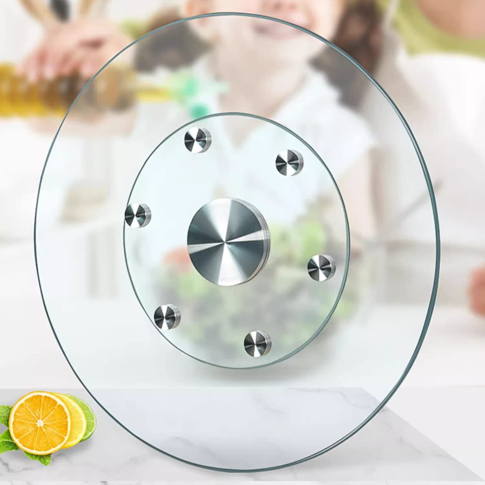 Transparent Glass Lazy Susan Turntable 0.31in Thick Rotating Serving Tray Round Tabletop Rotating Tray with Aluminum Alloy Auxiliary Wheel Bearing Not Easy to Dump Easy to Share Food (Size : 35in)