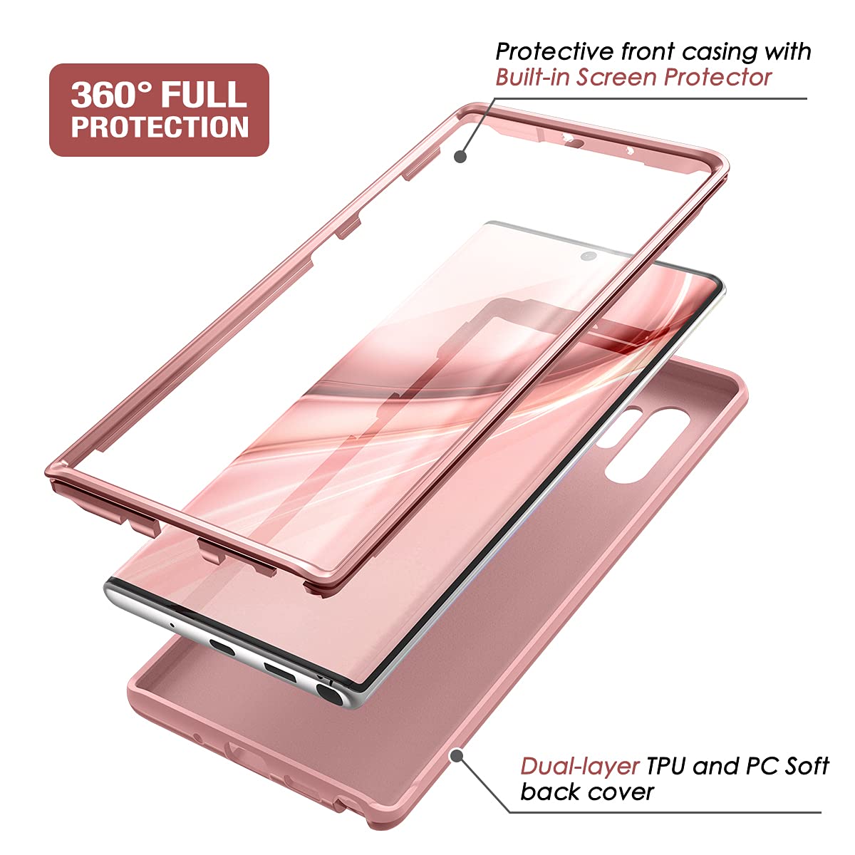 SURITCH Phone Case for Galaxy Note 10 Plus/Note 10+, Front Cover with Built-in Screen Protector Shockproof Full Body Protection Slim Soft TPU Hybrid Bumper Protective Cover for Men Women - Rose Gold