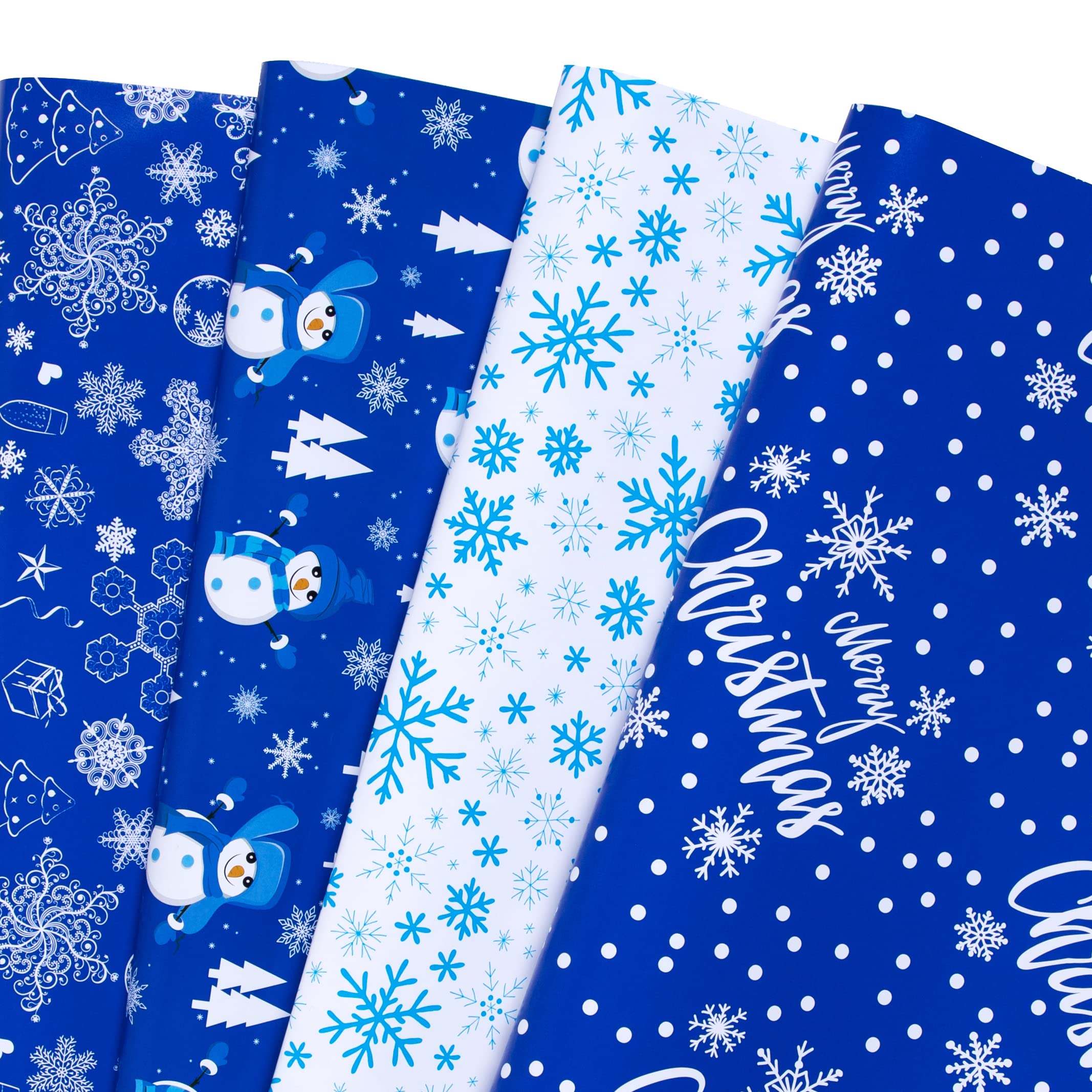 PlandRichW Christmas Wrapping Paper Folded 12 Sheets for Kids Boys Girls Man Women,Blue and White Snowmen Snowflakes Merry Christmas Deer,Image Arts Blue Holiday Wrapping Paper Each 20" X 29"