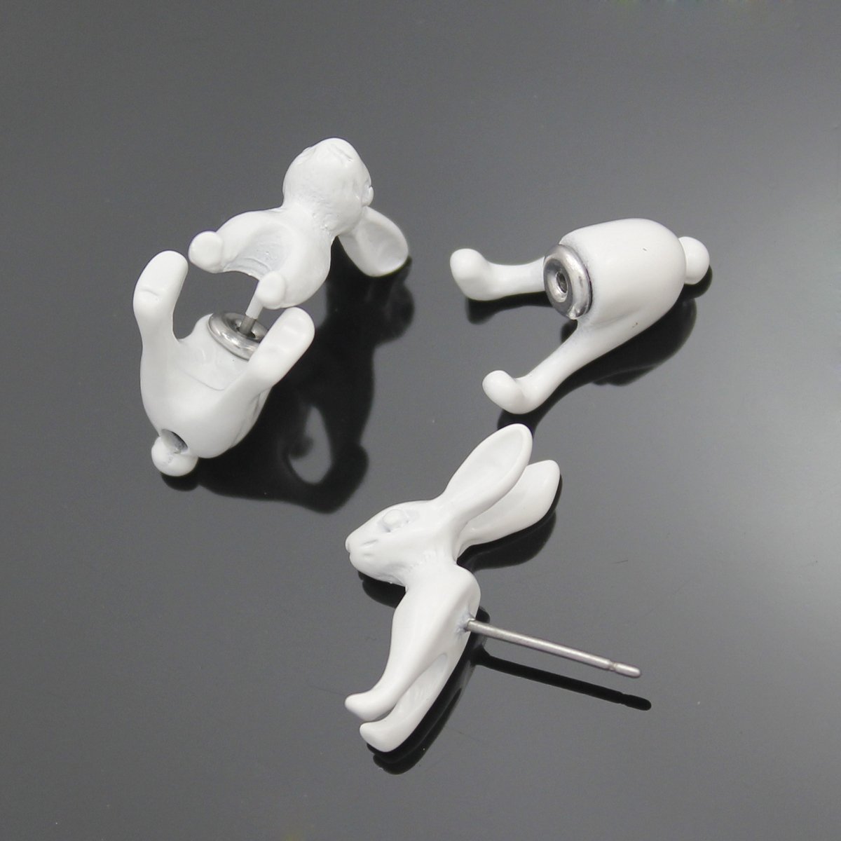RechicGu White 1Pair 3D March Hare Rabbit Fairytale Wonderland Earrings Fake Ear Taper Plug Studs