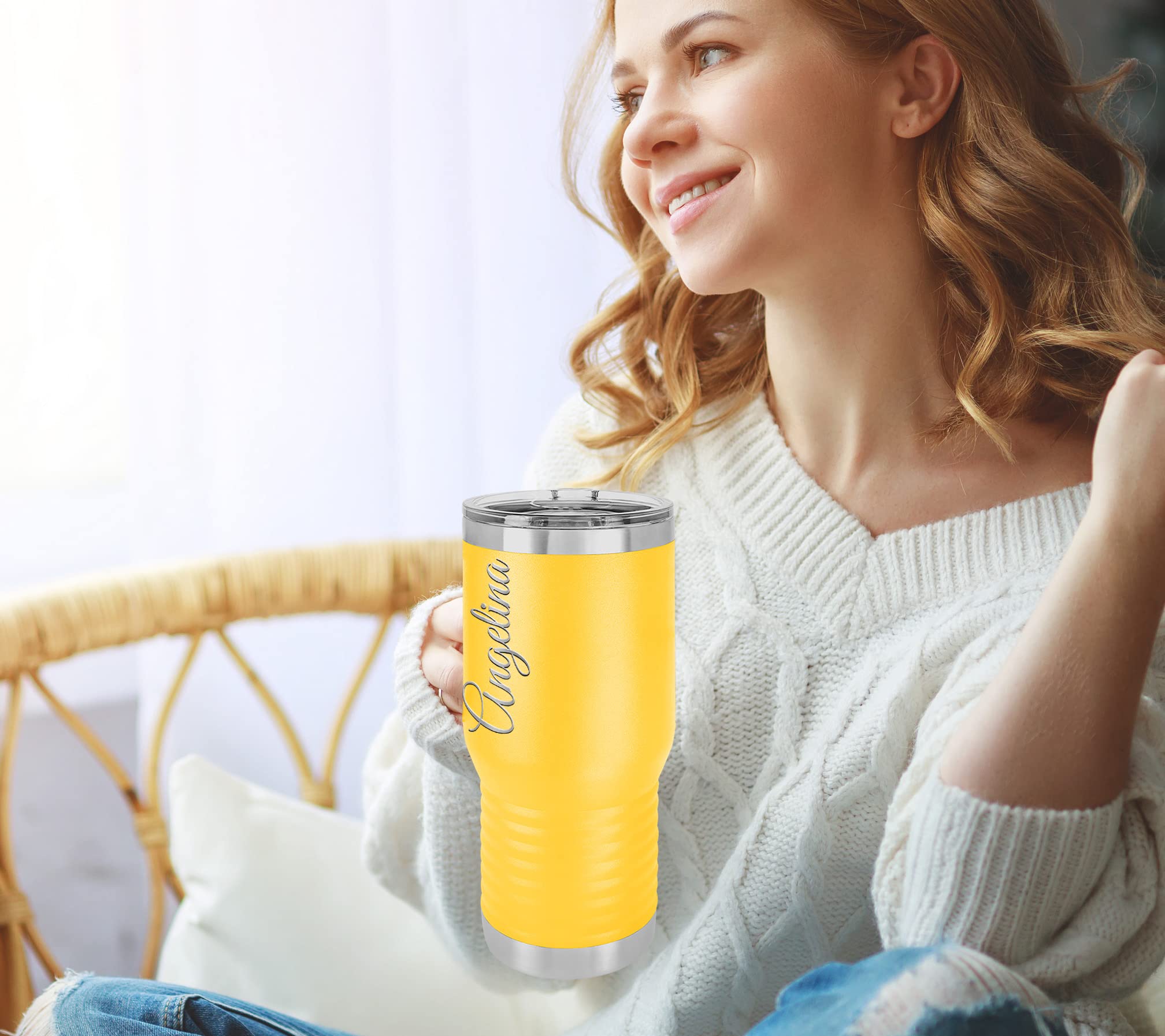 Polar Camel Personalized Tumblers with Slide Lid and Straw, Name Engraved Customized Cups, Stainless Steel Vacuum Insulated Travel Coffee Mugs - Women, Men Birthday Gift (Yellow, 20 oz)