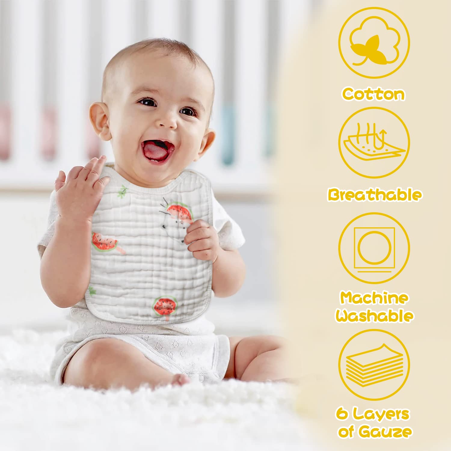Zainpe 5Pcs Muslin Baby Bibs Banana Lemon Strawberry Pattern Cotton Lap-Shoulder Cloths Drool Bibs Machine Washable Feeding Bib with 6 Absorbent & Soft Layers for Unisex Infants Toddlers Newborns
