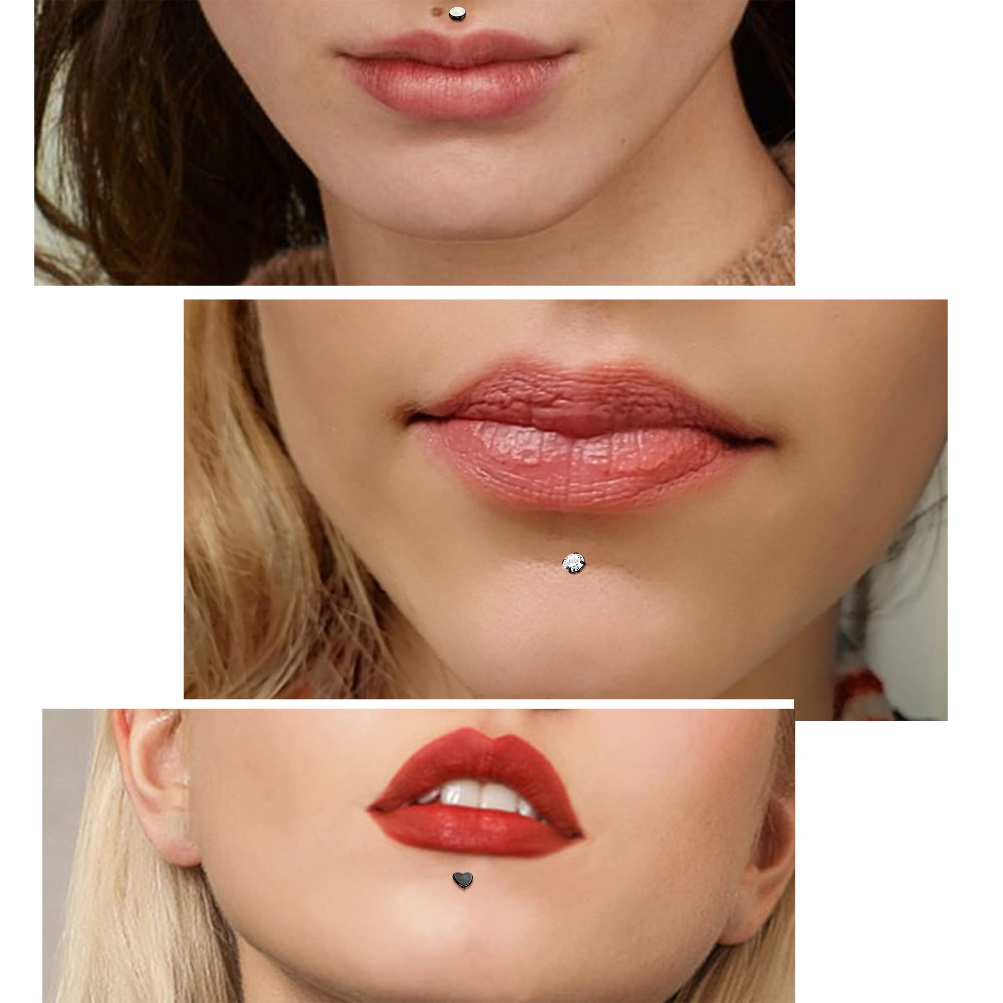 THUNARAZ 16G Lip Studs 6mm 8mm 10mm Stainless Steel Internally Threaded Lip Cartilage Tragus Helix Rings Forward Opal CZ Heart Flat Back Monroe Piercing Jewelry