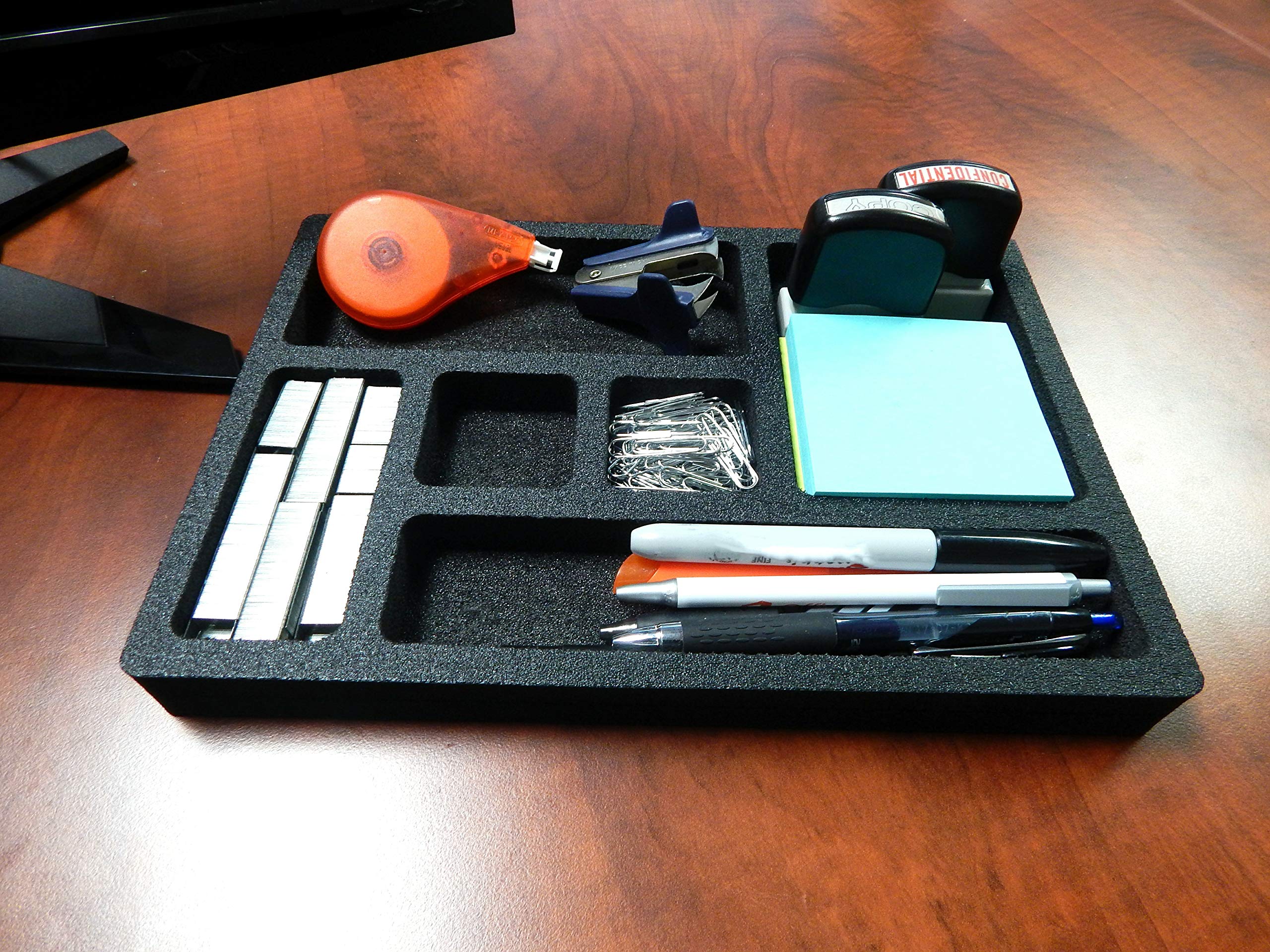 Polar Whale 2 Pack Desk Drawer Organizer Tray Insert Pen Pencil Notes Holder for Office or Home Waterproof Washable 7.5 X 10.9 X 1 Inches 6 Compartments Black Pair Set