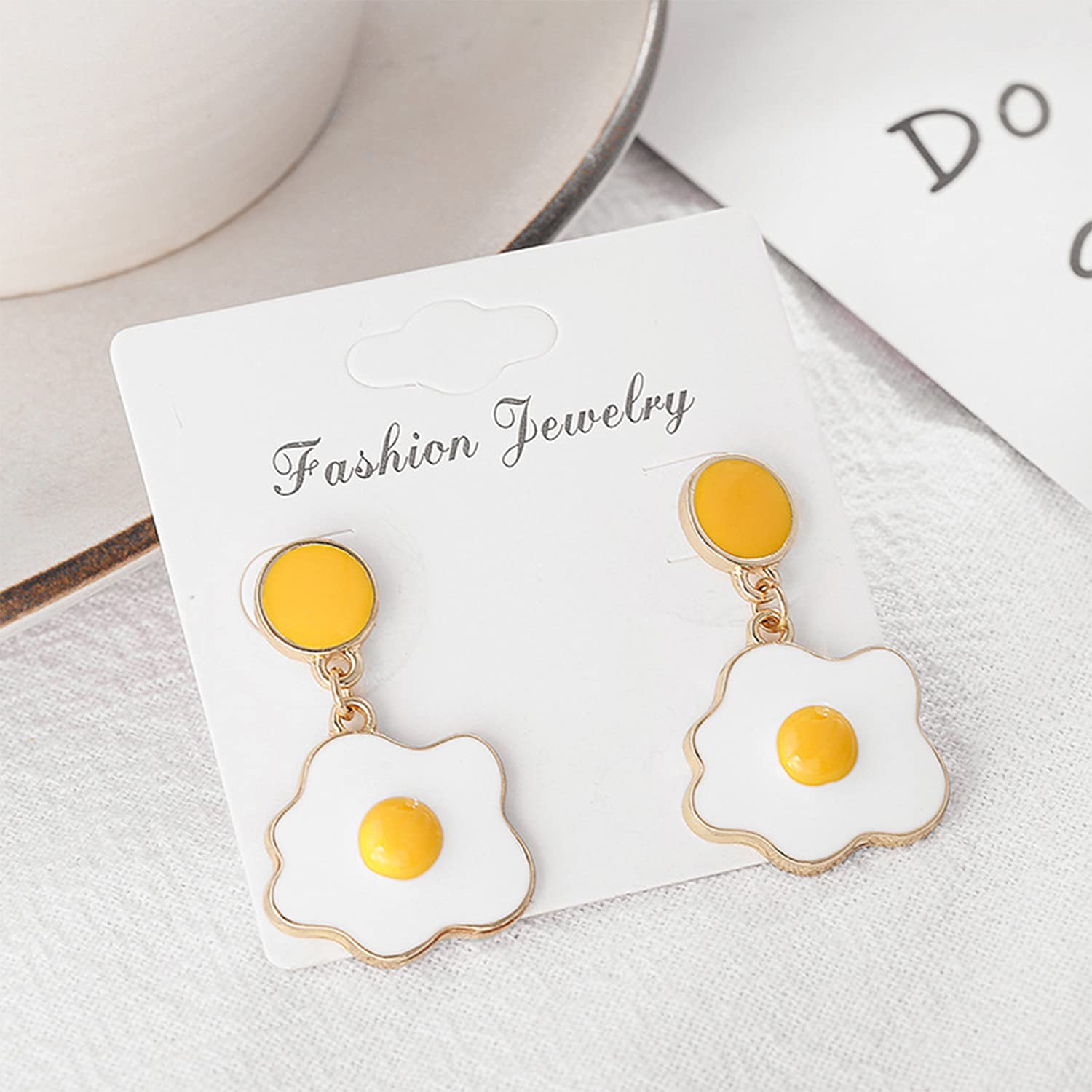 TIANBANGSHI Chic Funny 18k Gold Plated Enamel Fried Egg Stud Earring Cute Poached Egg Dangle Drop Earrings for Women Lover Kitchen Cooking Statement Jewelry Gifts (poached egg)