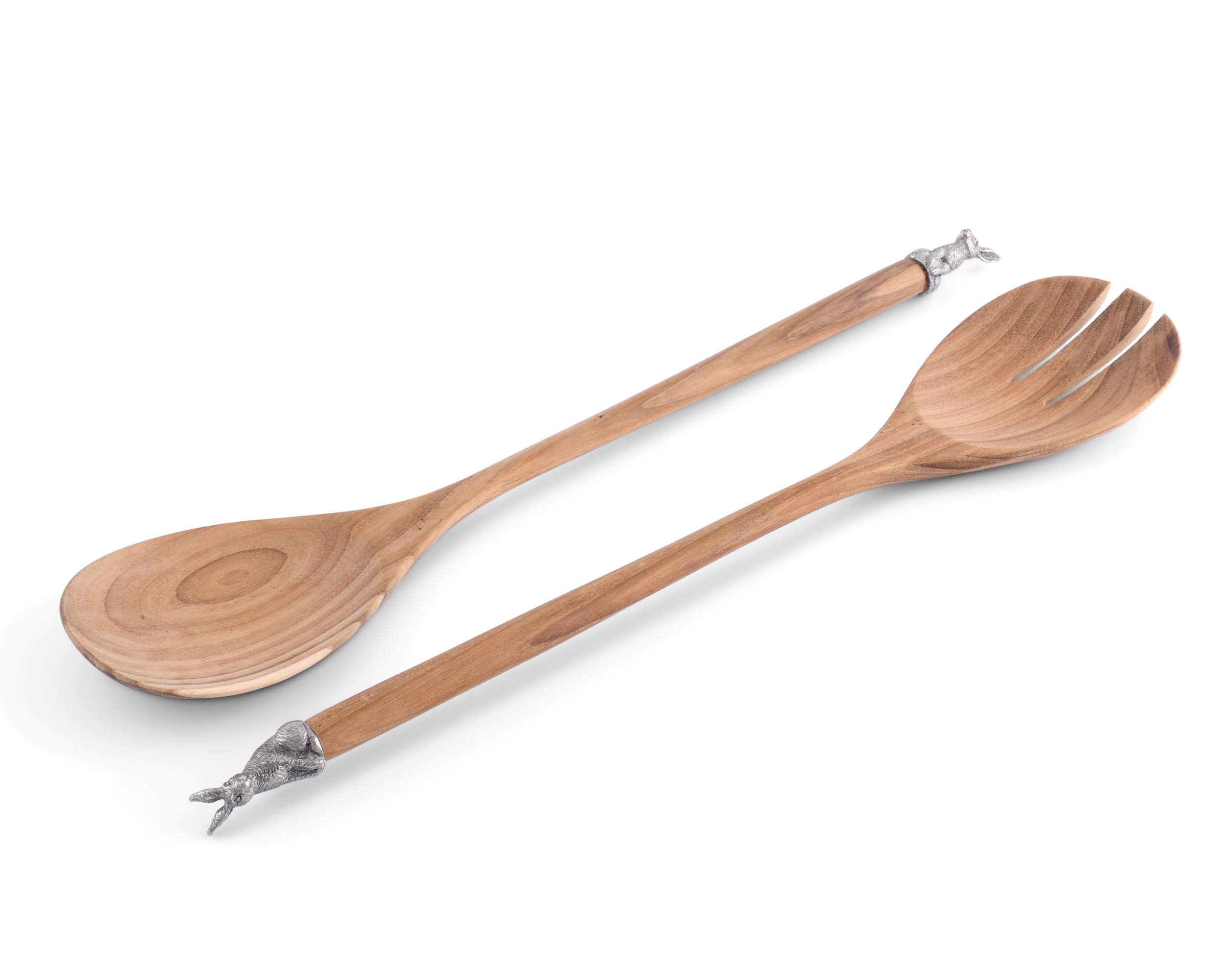 Vagabond House Teak Salad Servings with Pewter Bunny 14 Inch Long
