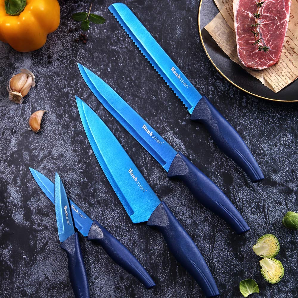Wanbasion Navy Blue Kitchen Knives Block Set Professional, Stainless Steel Knife Set with Block, Knives Block Set with Knives Chef for Cooking