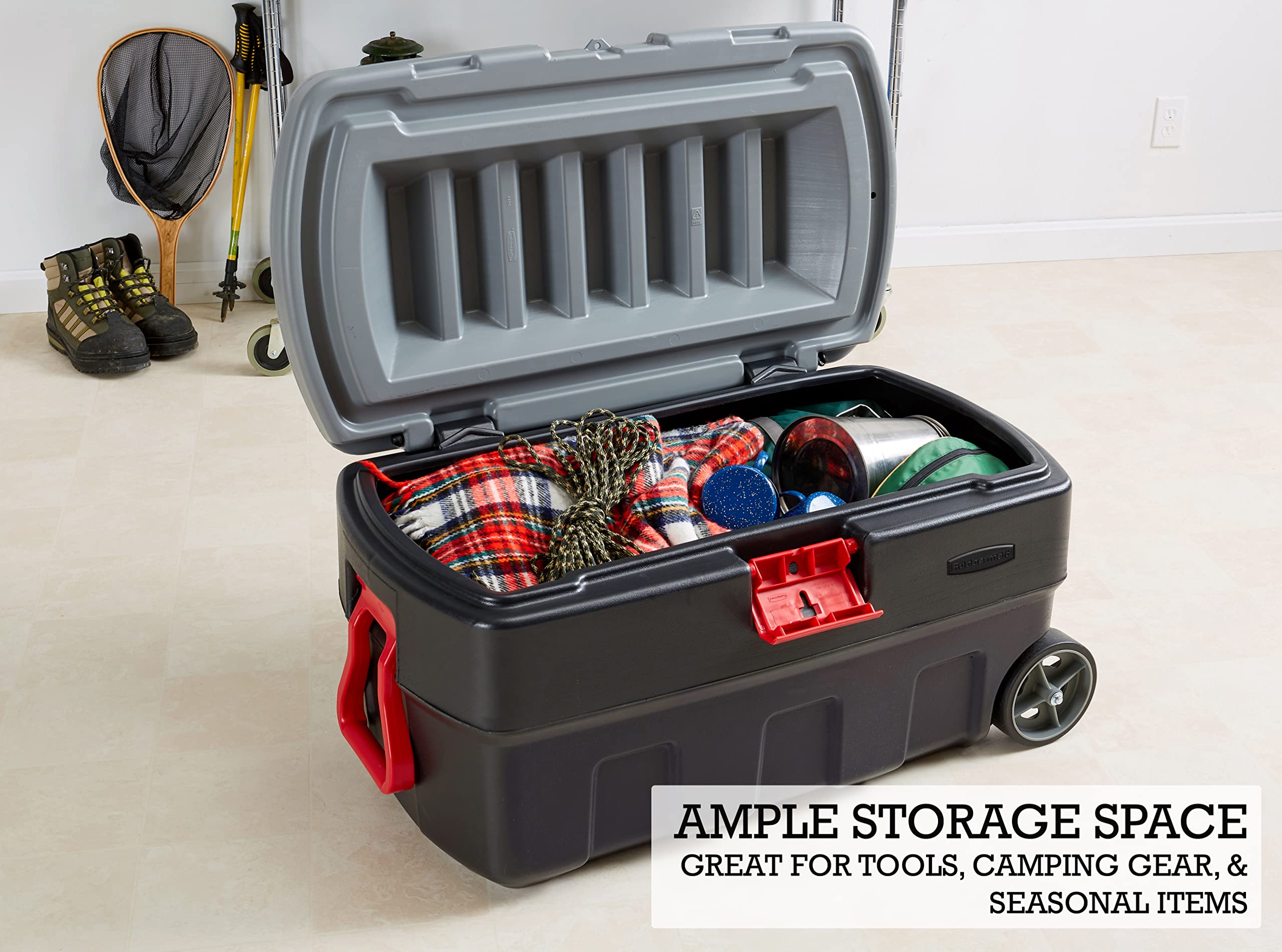 Rubbermaid ECOSense Wheeled Storage Totes, 40 Gal Pack of 2 & ActionPacker 35 Gal Wheeled Lockable Storage Bin with Lid, Heavy-Duty Water Repellent Industrial Container