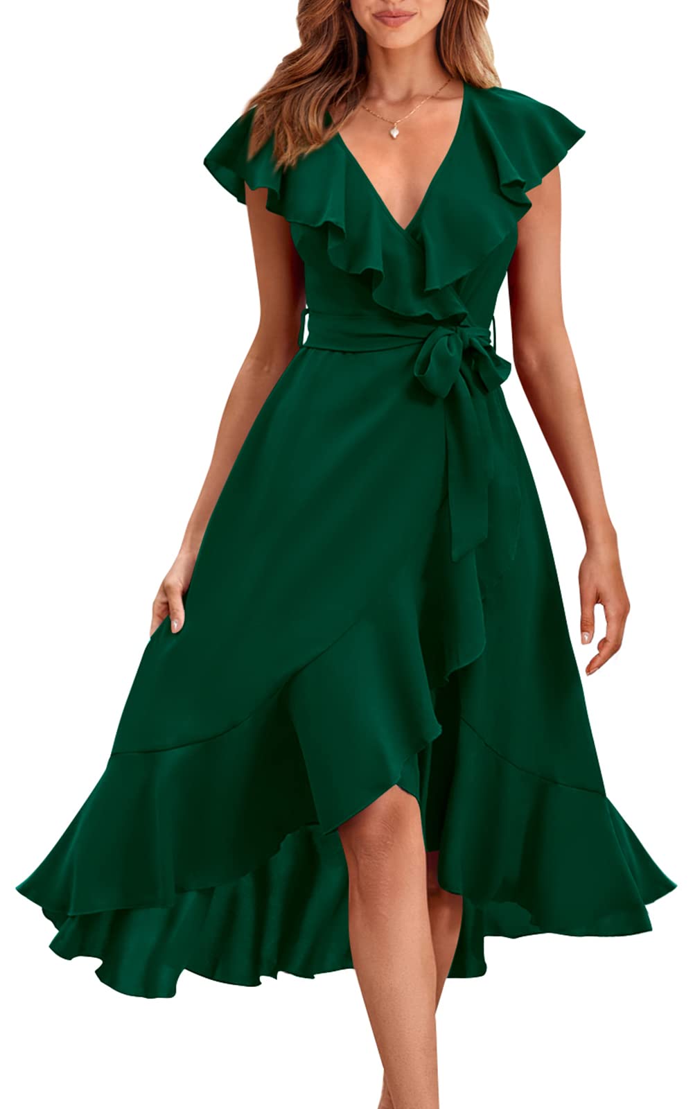 PRETTYGARDEN Women's Summer V Neck Ruffle Wrap Tie Maxi Dress Solid Color Flutter Sleeve Holiday Dresses for Women 2023 (Dark Green,Medium)