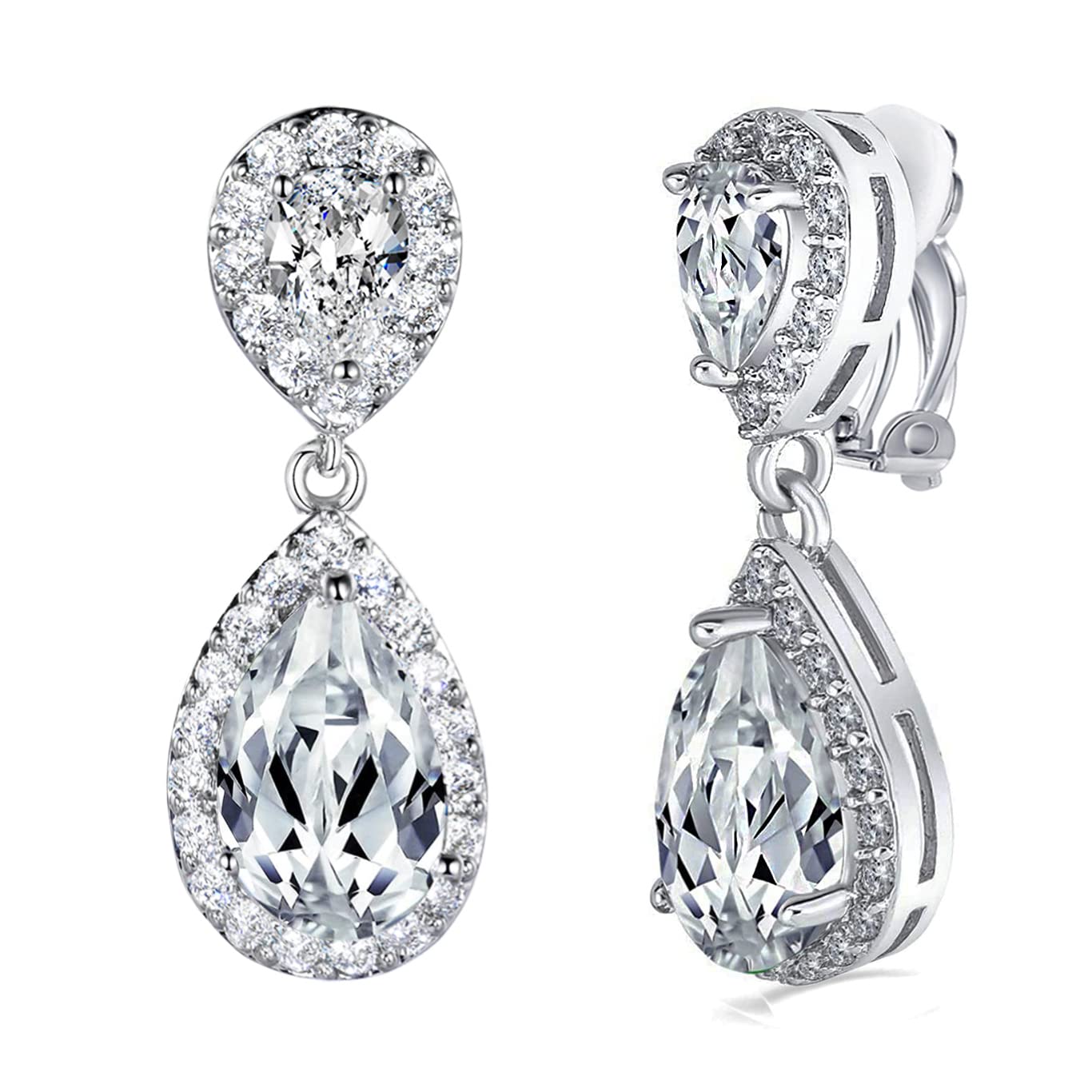 SELOVO Bridal Teardrop Earrings Dangle Drop Clip Earrings Clear Cubic Zirconia Silver Tone