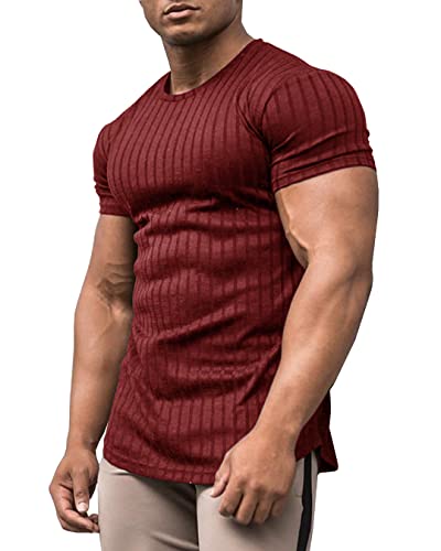 URRU Men's Muscle T Shirts Stretch Short Sleeve Bodybuilding Workout Casual Slim Fit Tee Shirts Wine Red XL