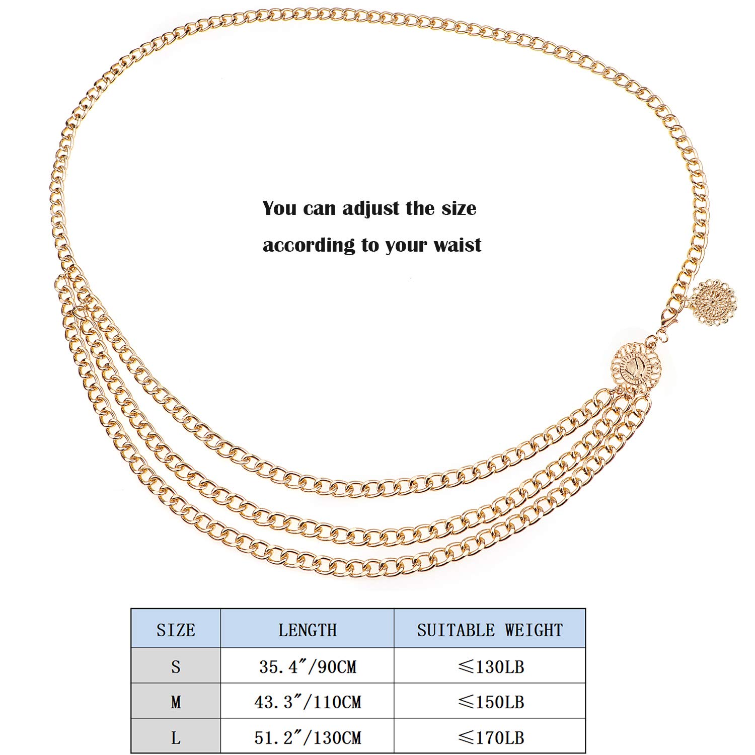 Suyi Gold Chain Belts for Women Waist Chain Belt Multilayer Body Belly Chain Plus Size 130CM Gold