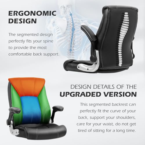 SEATZONE Ergonomic Office Chair, High Back PU Leather Comfortable Desk Chair with Flip-up Armrests, Computer Chair for Adults, Black