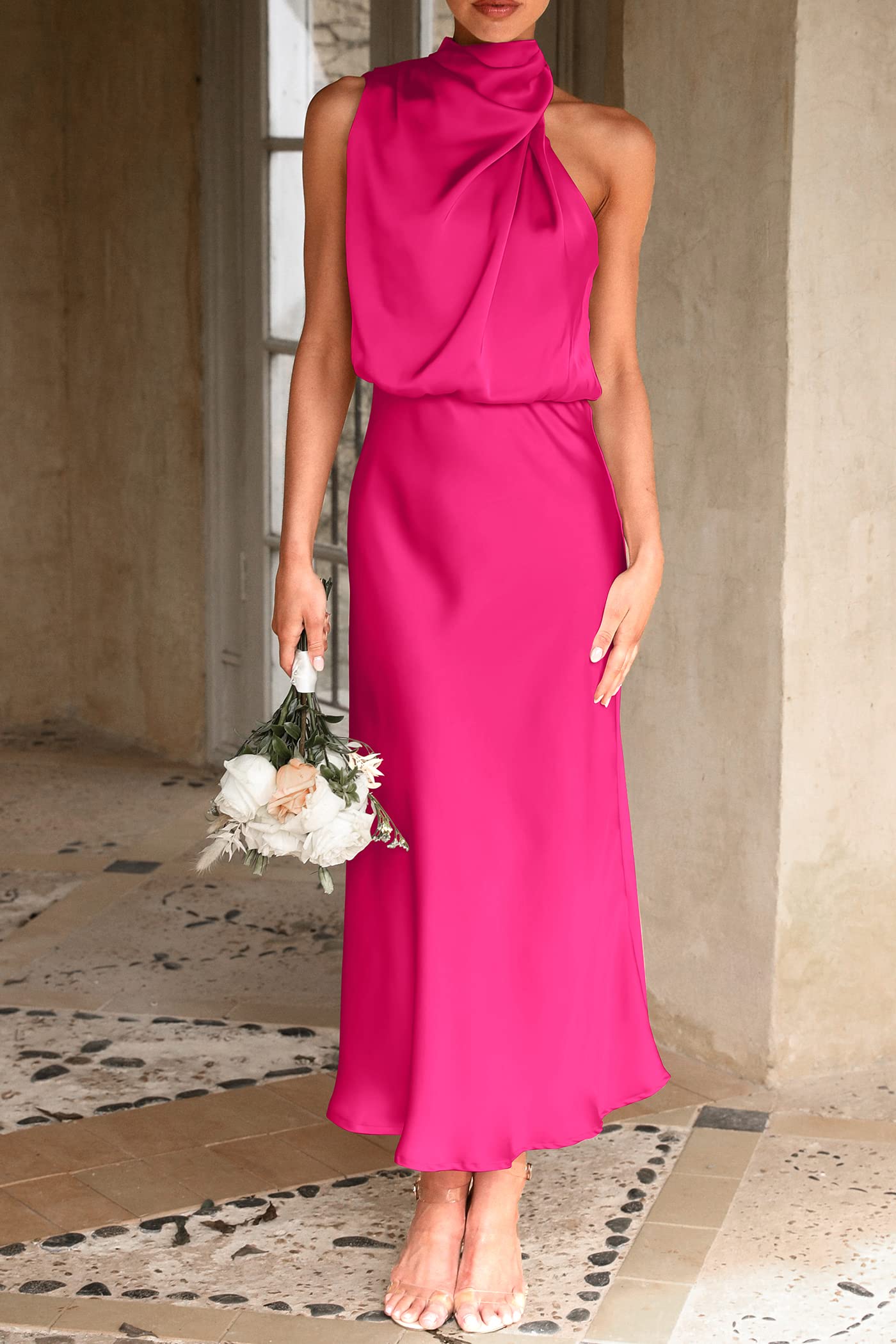 PRETTYGARDEN Women's 2024 Summer Satin Dress Elegant Sleeveless Mock Neck Cocktail Party Maxi Dresses (Rose Red,Small)