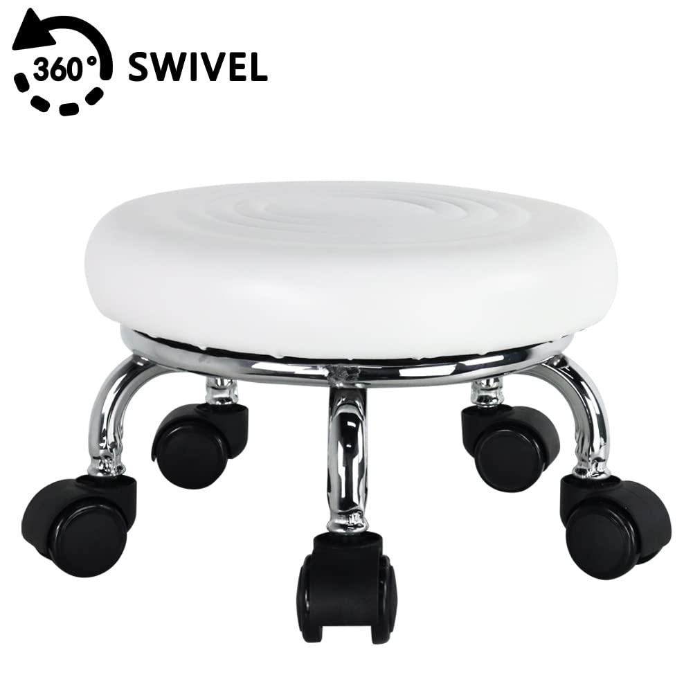 WKWKER Modern Roller Seat PU Leather Low Round Rolling Stool 360° Swivel Small Stool with Universal Caster Wheels Foot Stool for Home Office Garage Shop Fitness Sport H:8.4" (White)