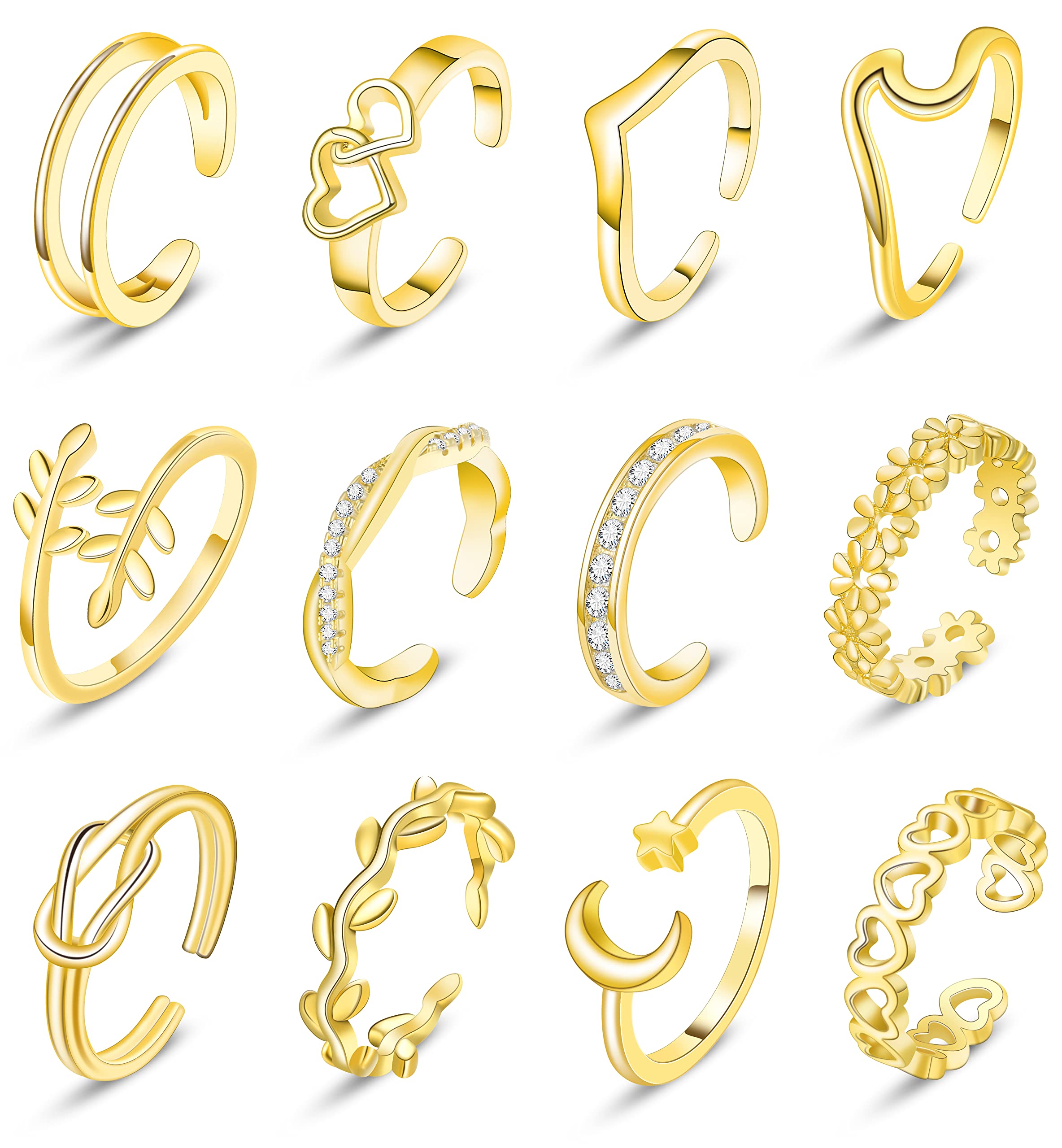 Zankulas 12PCS Adjustable Toe Rings for Women Heart Leaf Arrow Open Toe Ring Set Knuckle Midi Tail Ring Women Summer Beach Foot Jewelry Set Silver