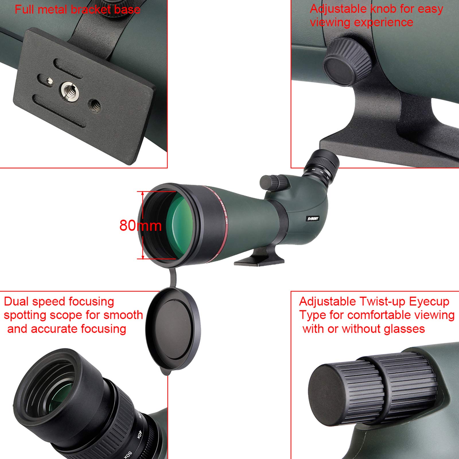 SVBONY SV406 20-60x80 Spotting Scopes with Phone Adapter Dual Focus Spotting Scope IPX7 Waterproof Spotter Scope Long Range Scope Sporting Scope for Birding Hunting Target Shooting