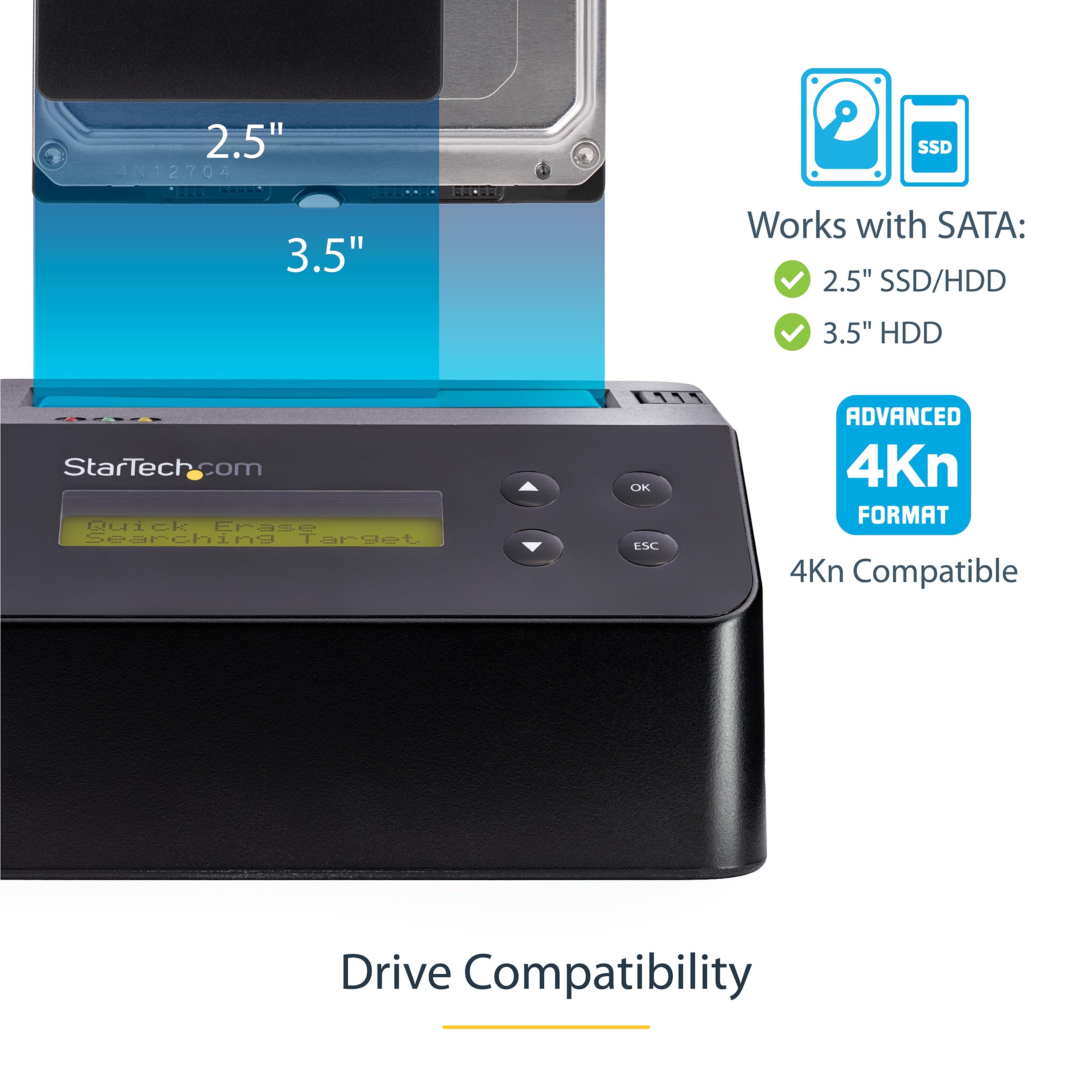 StarTech.com Single Bay Hard Drive Eraser, Standalone HDD/SSD Disk Wiper/Sanitizer, 4Kn, USB 3.0 to SATA III, 9 Erase Modes, LCD, RS232 Printer Port, Hardware Erasing Tool, TAA Compliant (SDOCK1EU3P2)