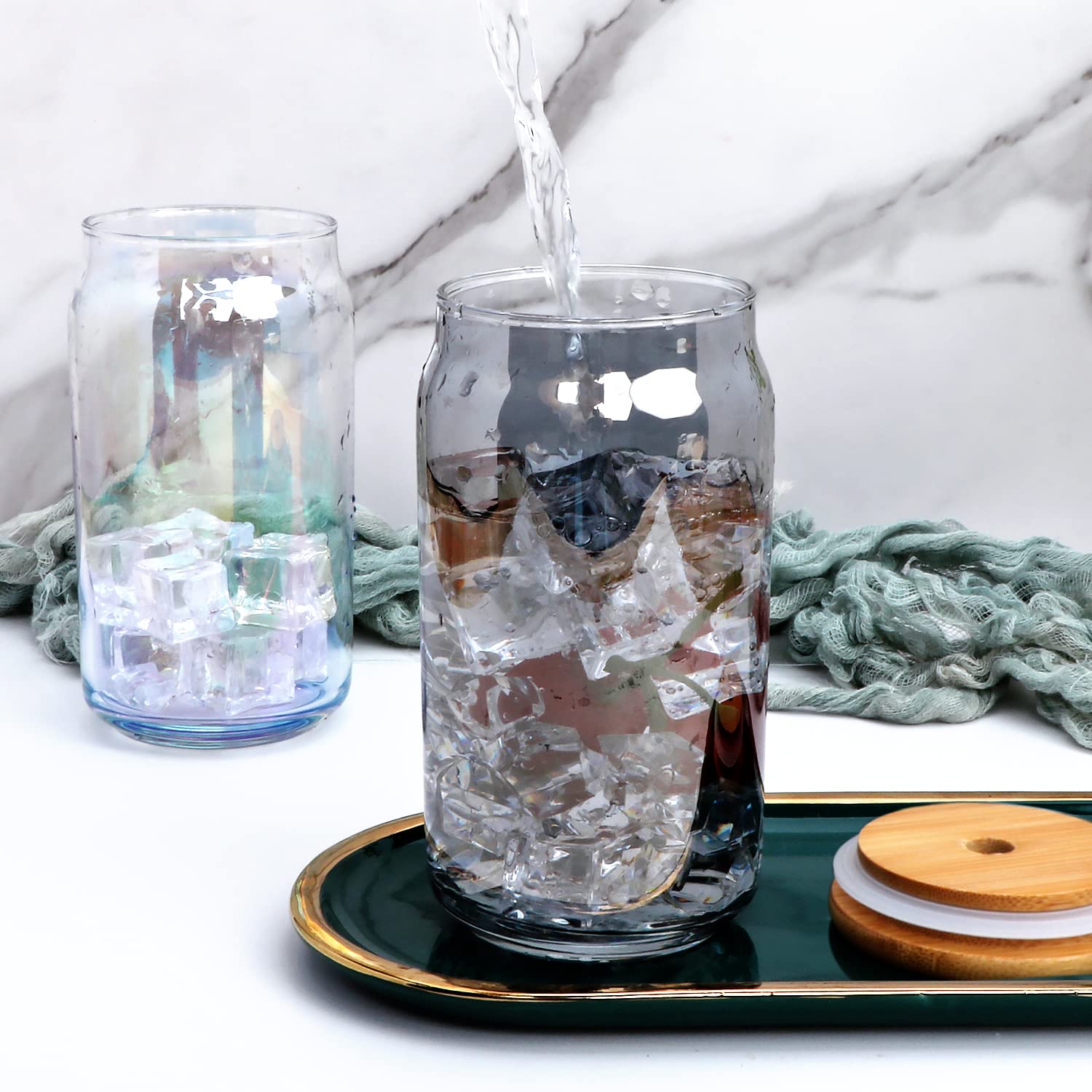 Ufrount Glass Cups Set of 6,16 OZ Drinking Glasses with Lids and Straws,Gray Glass Coffee Cups,Cute Iced Coffee Glasses for Cocktail,Whiskey,Juice