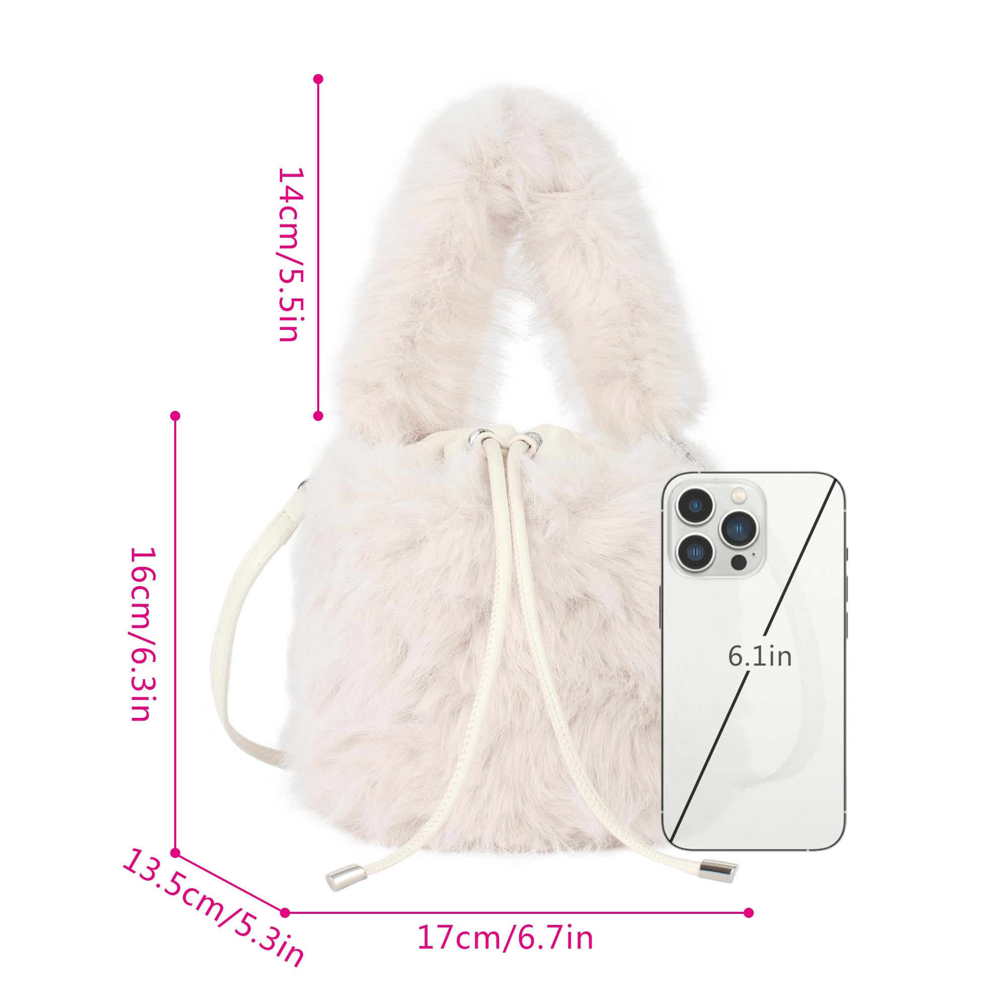ZLM BAG US Women Plush Drawstring Bucket Bag Chain Crossbody Shoulder Purse Fuzzy Handle Evening Handbag