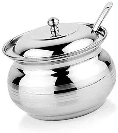 Vaishnavi Creations Stainless Steel Ghee Pot With Spoon And Lid, Clarified Butter Storage Container Storage Pot For Ghee Sugar Salt etc, Silver, Length 3.2 X Width 3.2 X Height 2.5 Inch