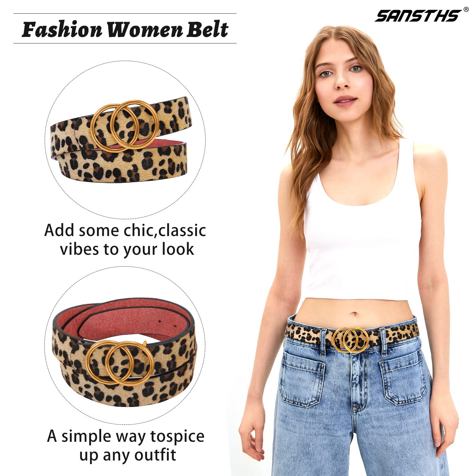SANSTHS Womens Leopard Belt with Removable Gold Double Ring Buckle for Jeans, XL
